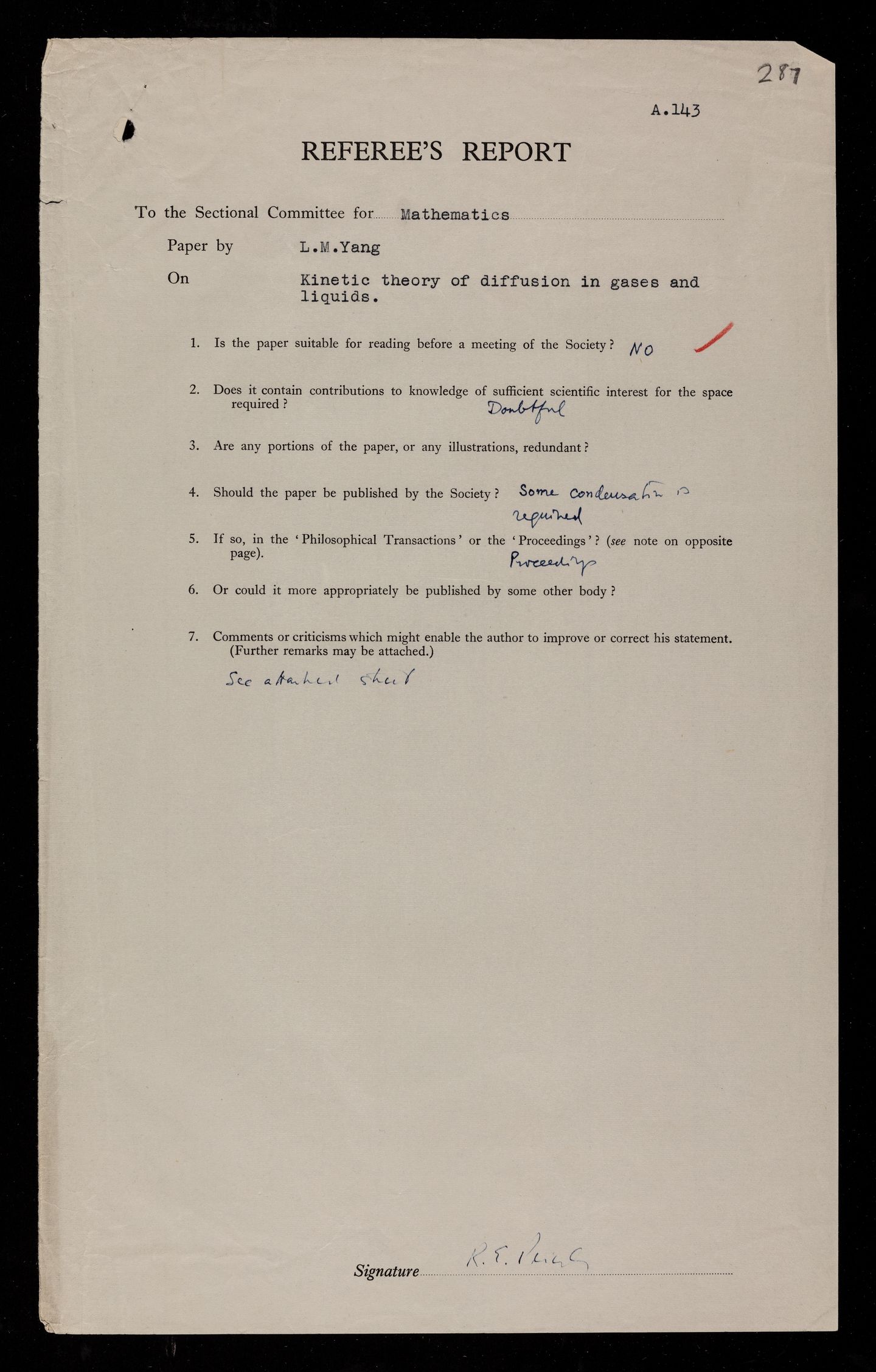 Referee's report by Rudolf Ernst Peierls, on a paper 'Kinetic theory of ...