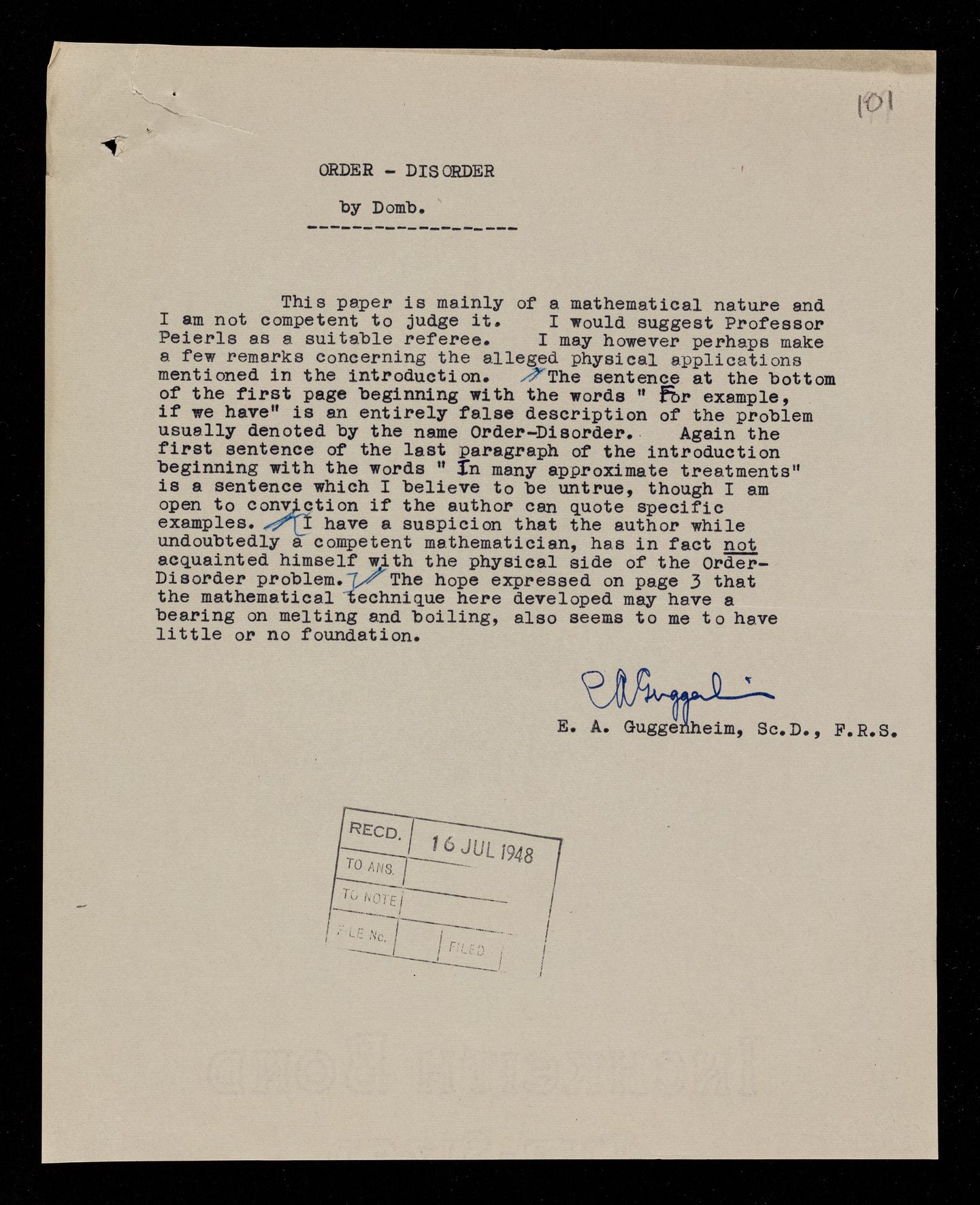 Referee's report by Edward Armand Guggenheim, on a paper [attributed ...