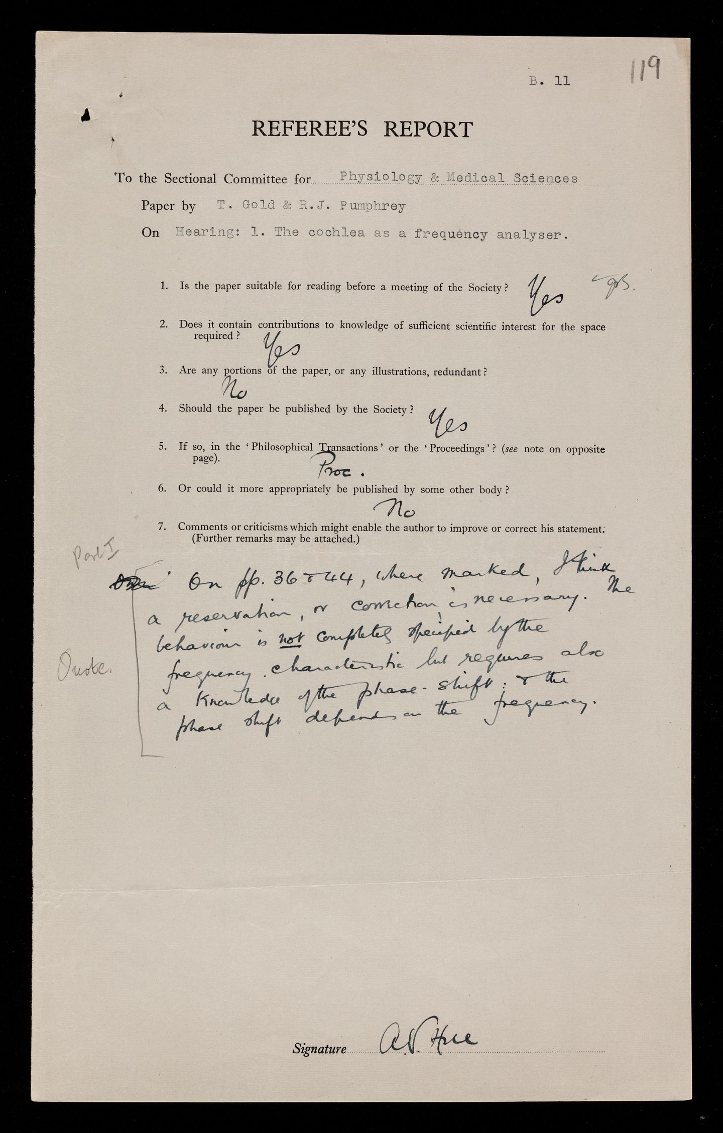 Referee's report by Archibald Vivian Hill, on a paper 'Hearing. I. The ...