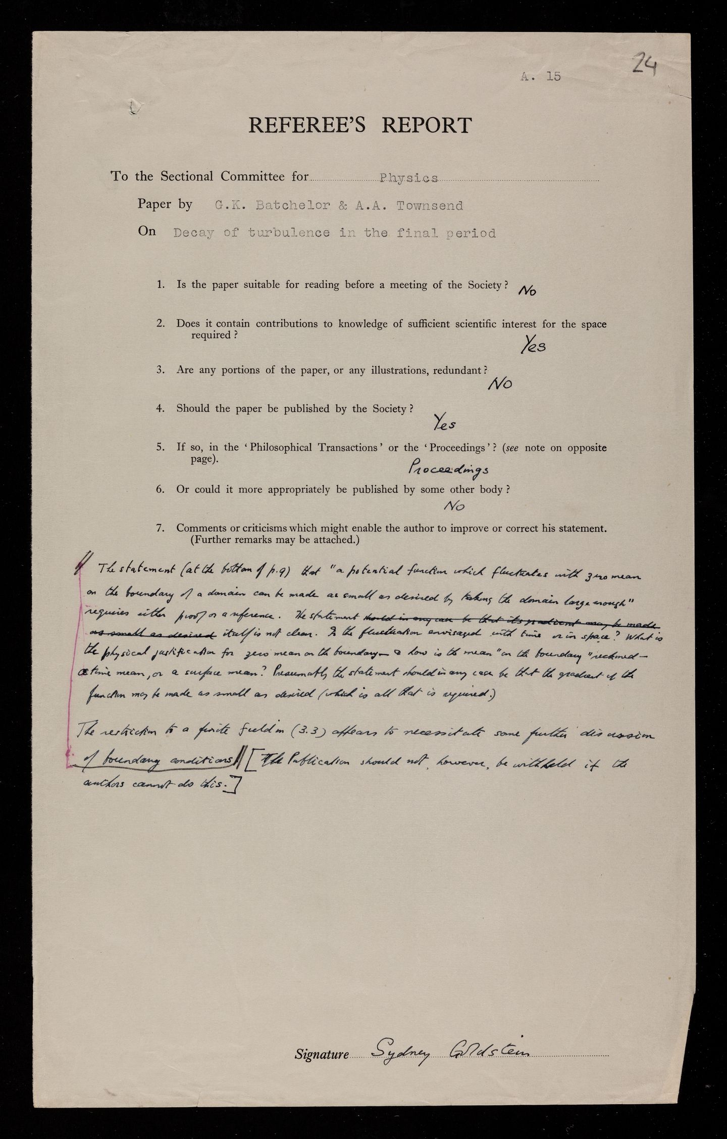 Referee's report by Sydney Goldstein, on a paper 'Decay of turbulence ...