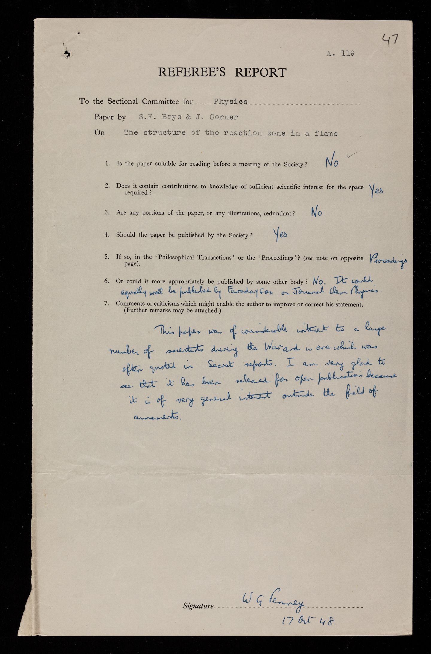 Referee's report by William George Penney, Baron Penney of East Hendred ...