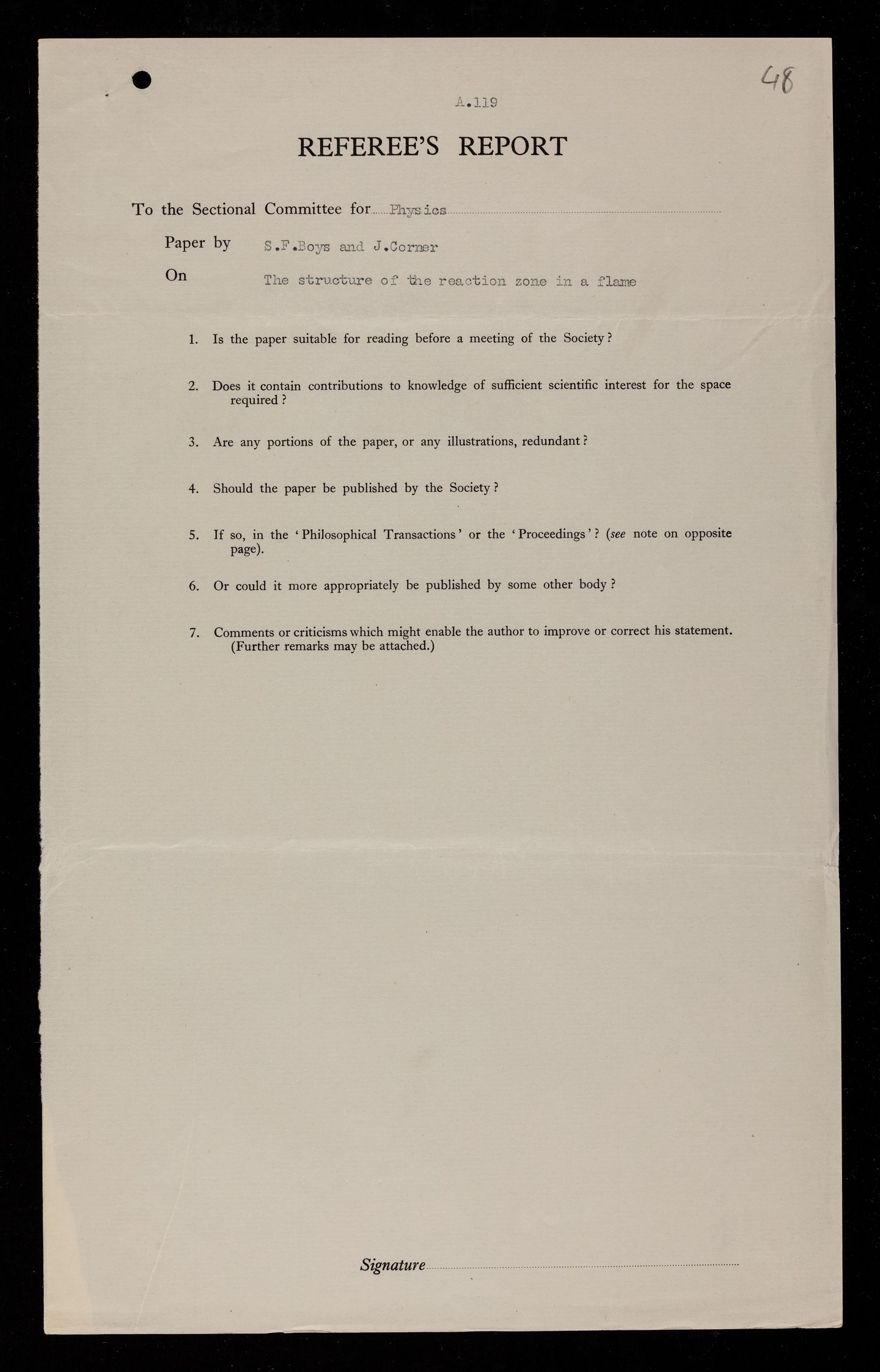 Referee's report by Thomas George Cowling, on a paper 'The structure of ...