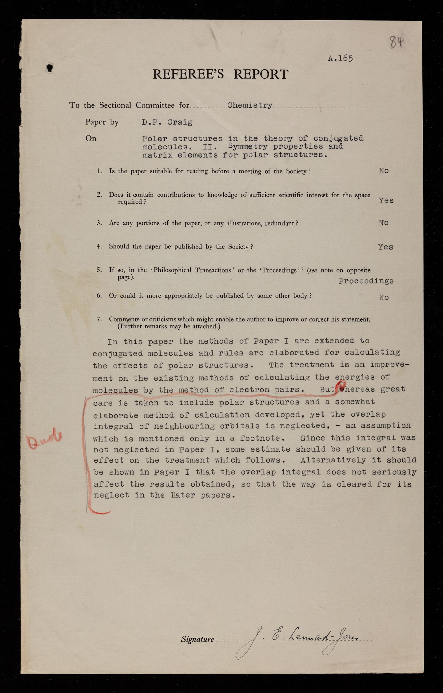 Referee's report by John Edward Lennard-Jones, on a paper 'Polar structures in the theory of ...