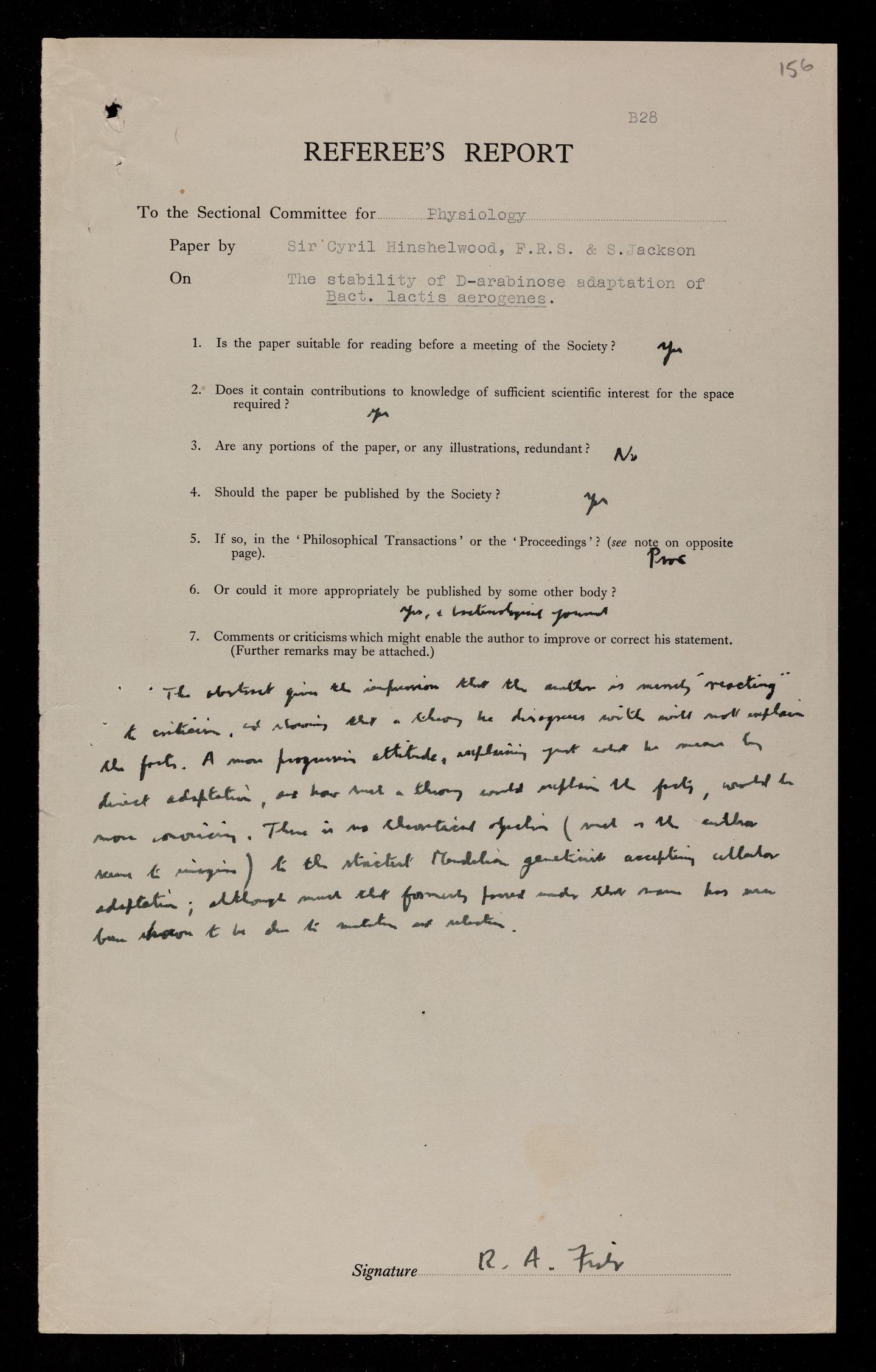 Referee's report by Ronald Aylmer Fisher, on a paper 'The stability of D-arabinose adaption of ...