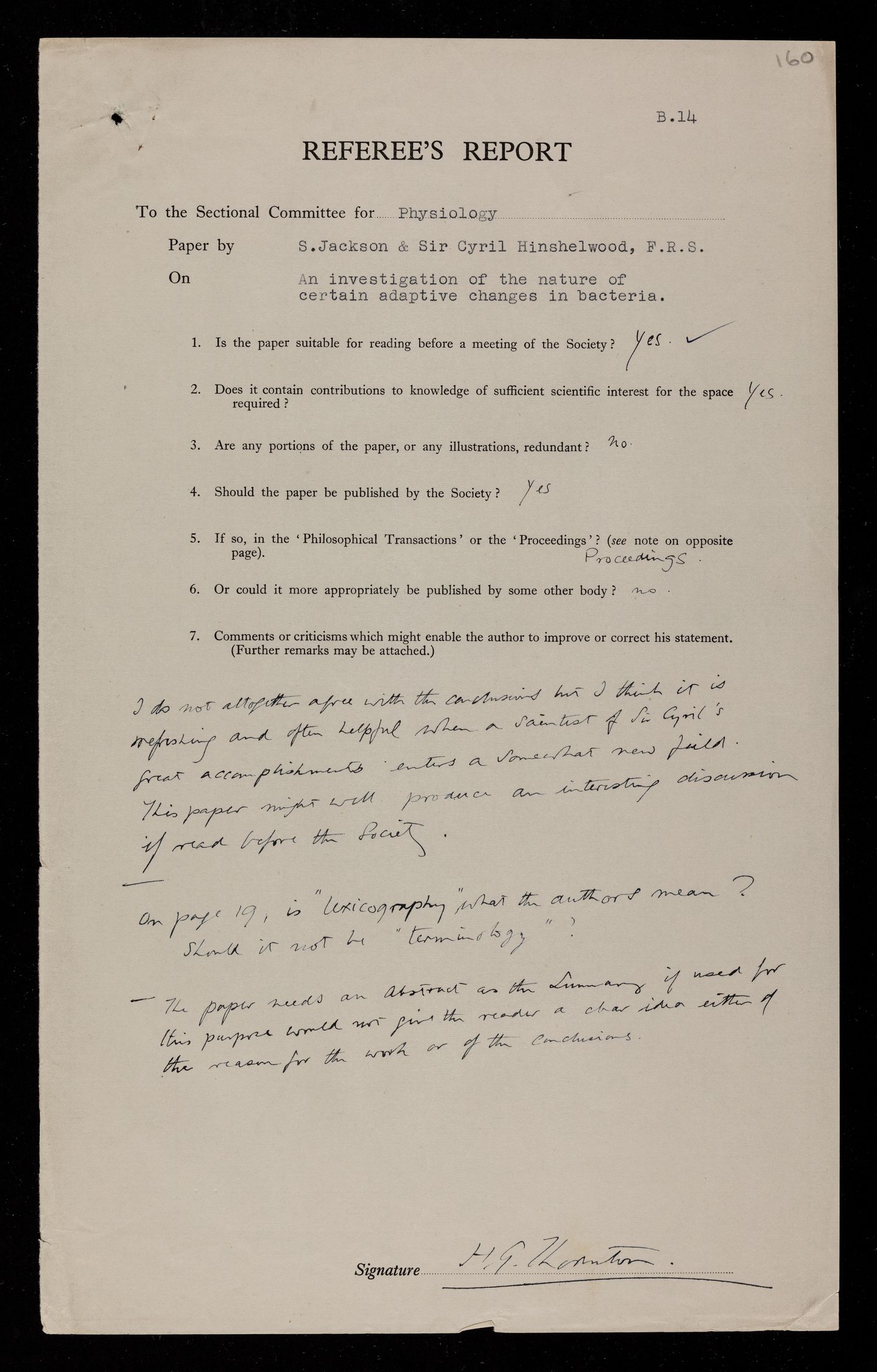 Referee's report by Henry Gerard Thornton, on a paper 'An investigation of the nature of certain ...