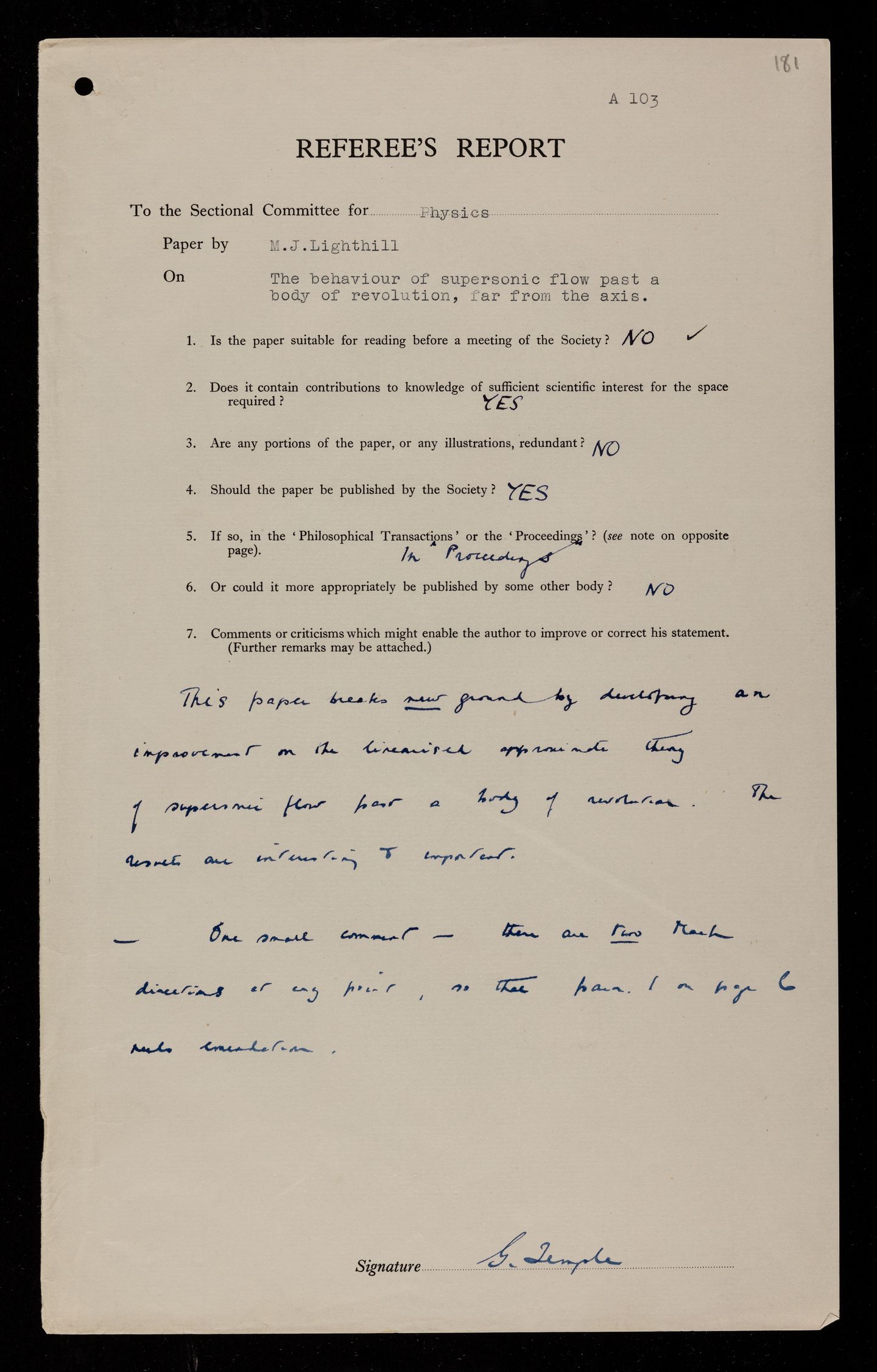 Referee's report by George Frederick James Temple, on a paper 'The ...