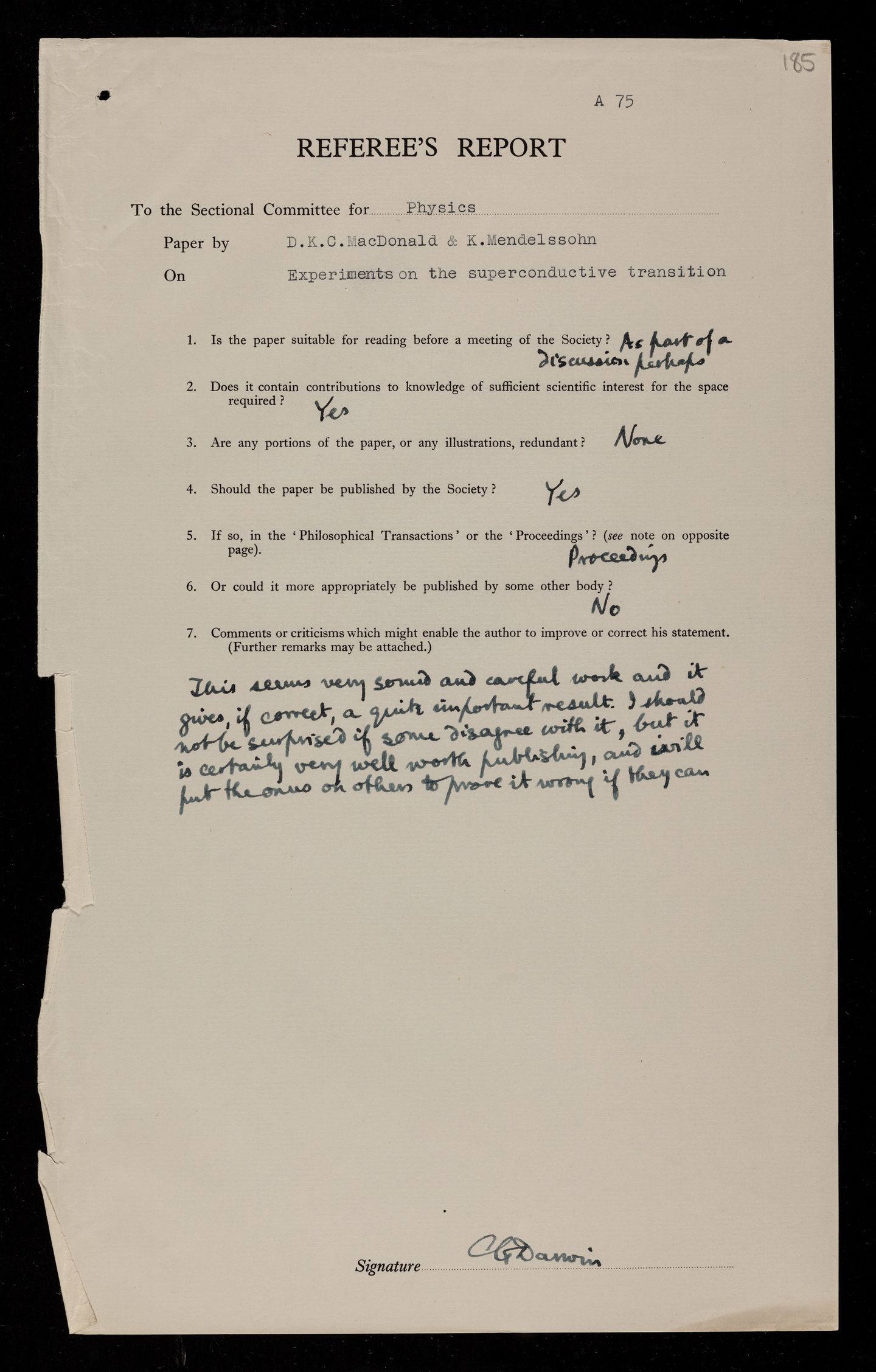 Referee's report by Charles Galton Darwin, on a paper 'Experiments on ...