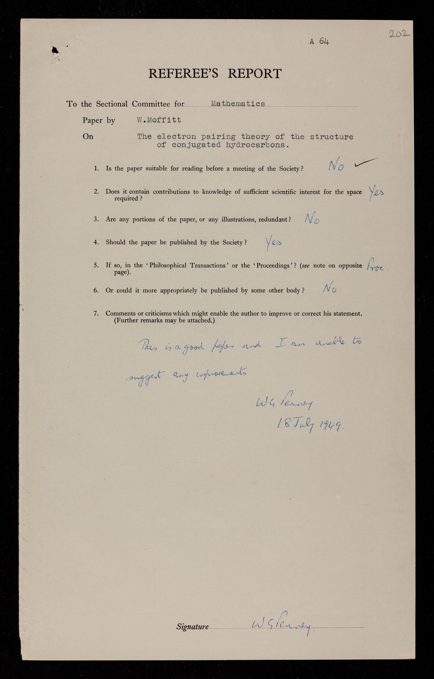 Referee's report by William George Penney, on a paper 'The electron ...