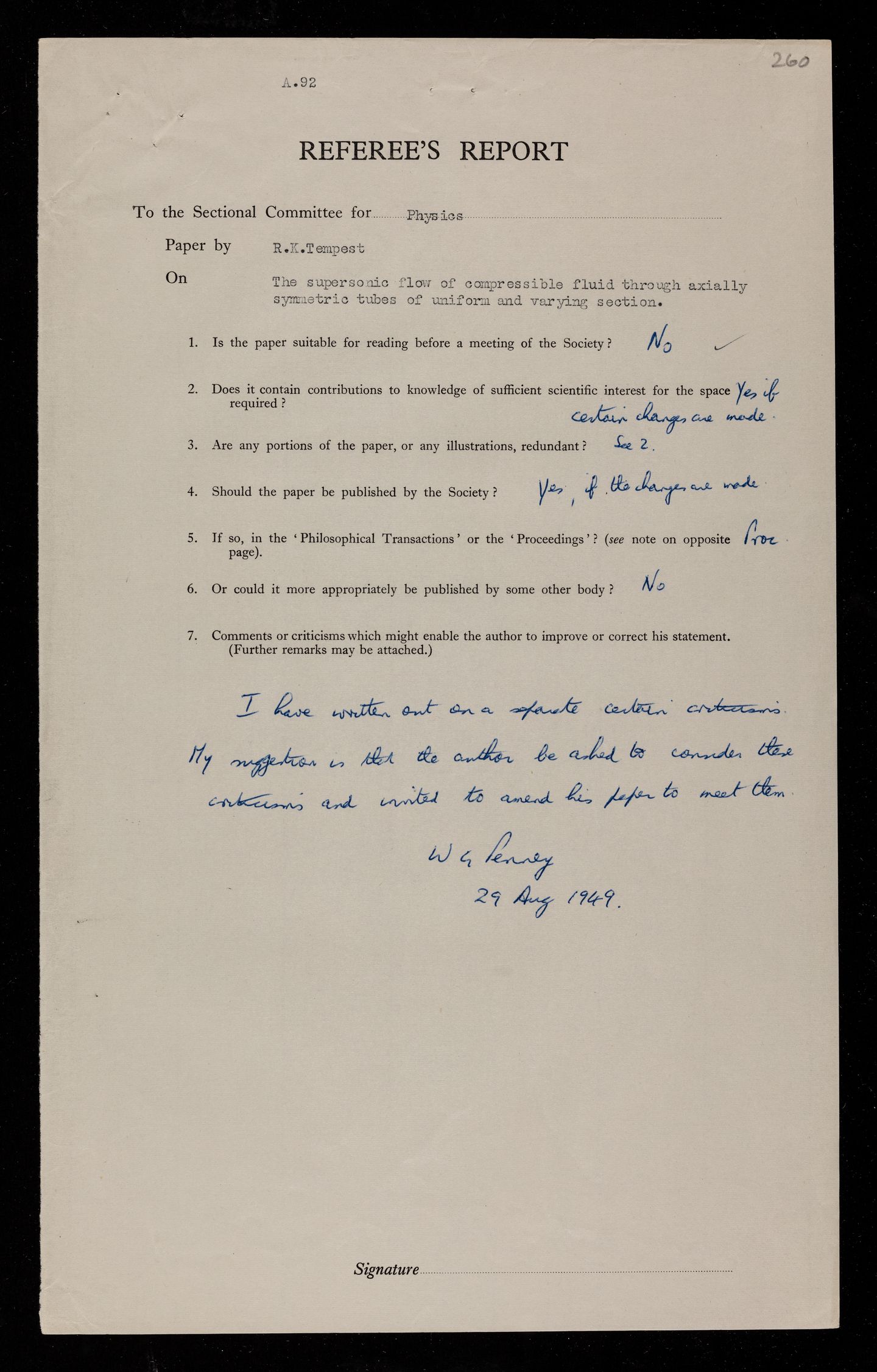 Referee's report by William George Penney, on a paper 'The supersonic ...
