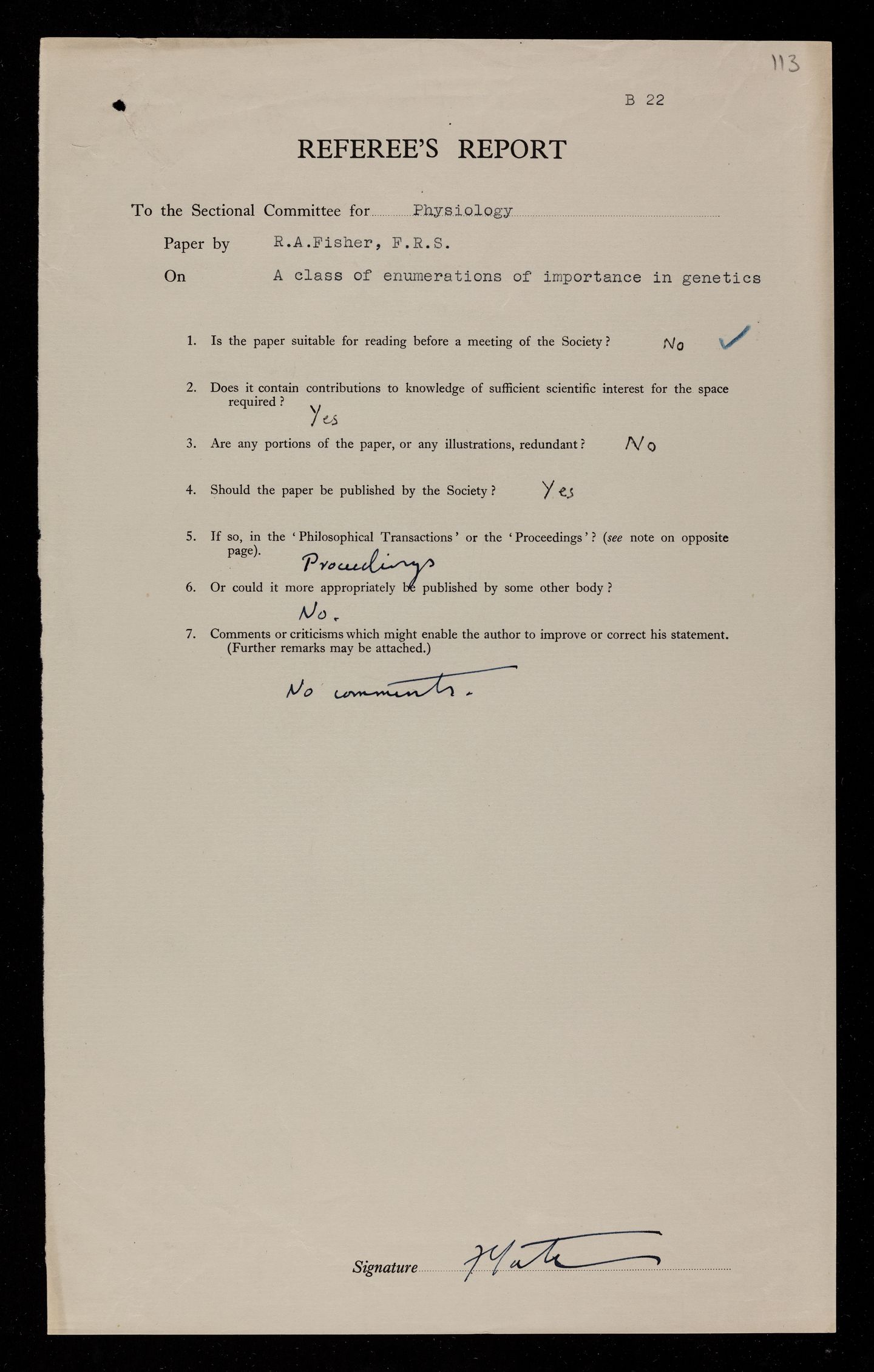 Referee's report by Frank Yates, on a paper 'A class of enumerations of ...