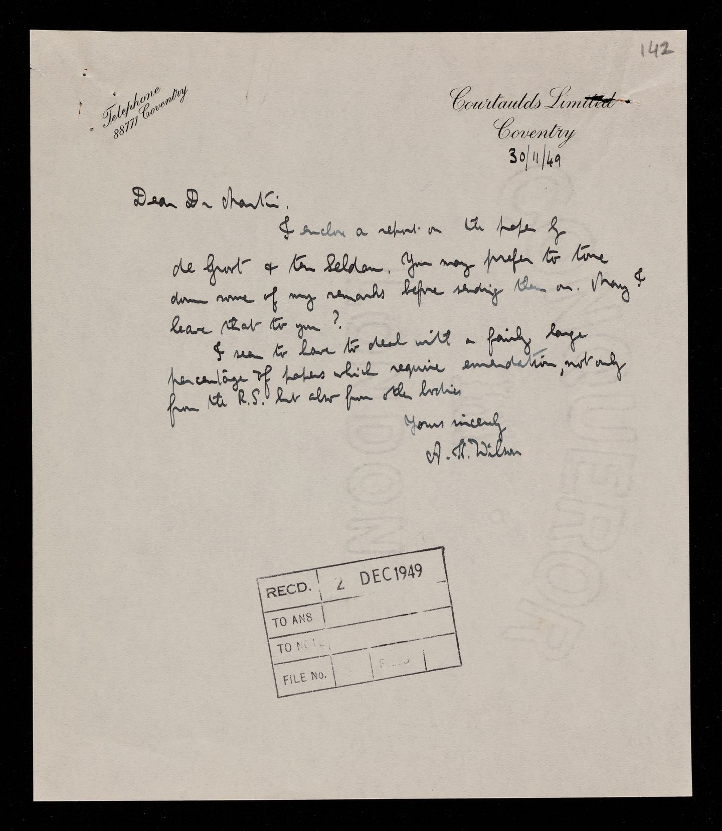 Letter from Alan Herries Wilson, on a paper 'On the Bose-Einstein ...