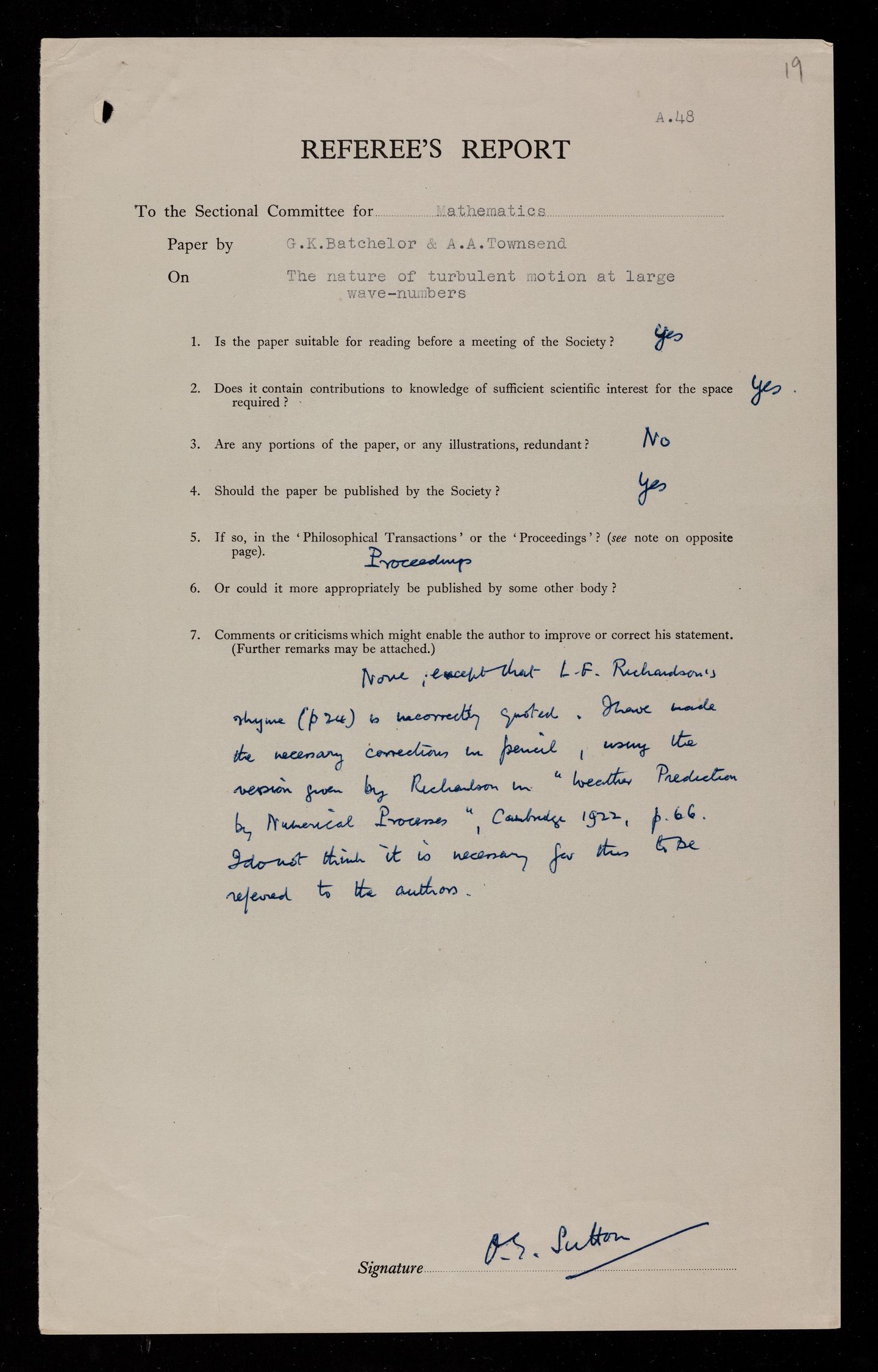 Referee's report by Oliver Graham Sutton, on a paper 'The nature of turbulent motion at large ...