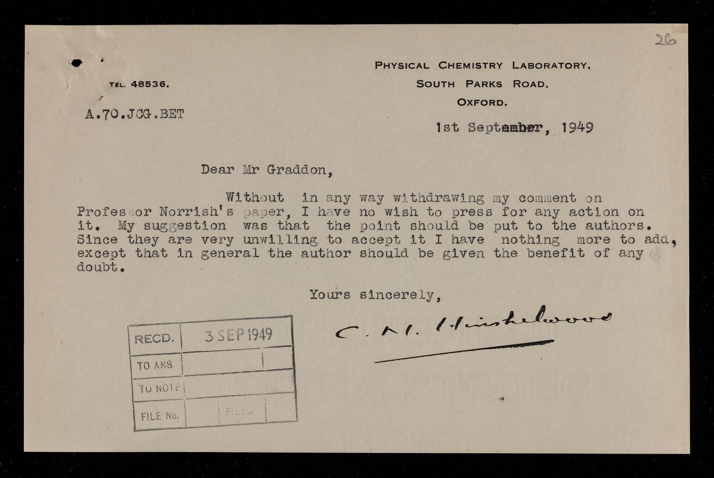 Letter from Cyril Norman Hinshelwood, on a paper 'The mechanism and ...