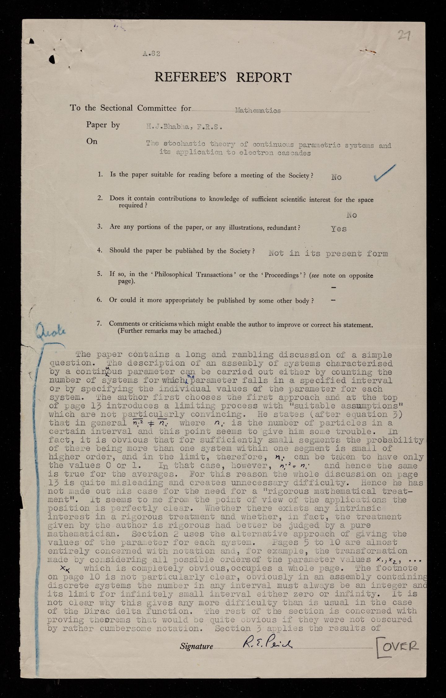 Referee's report by Rudolf Ernst Peierls, on a paper 'On the stochastic ...
