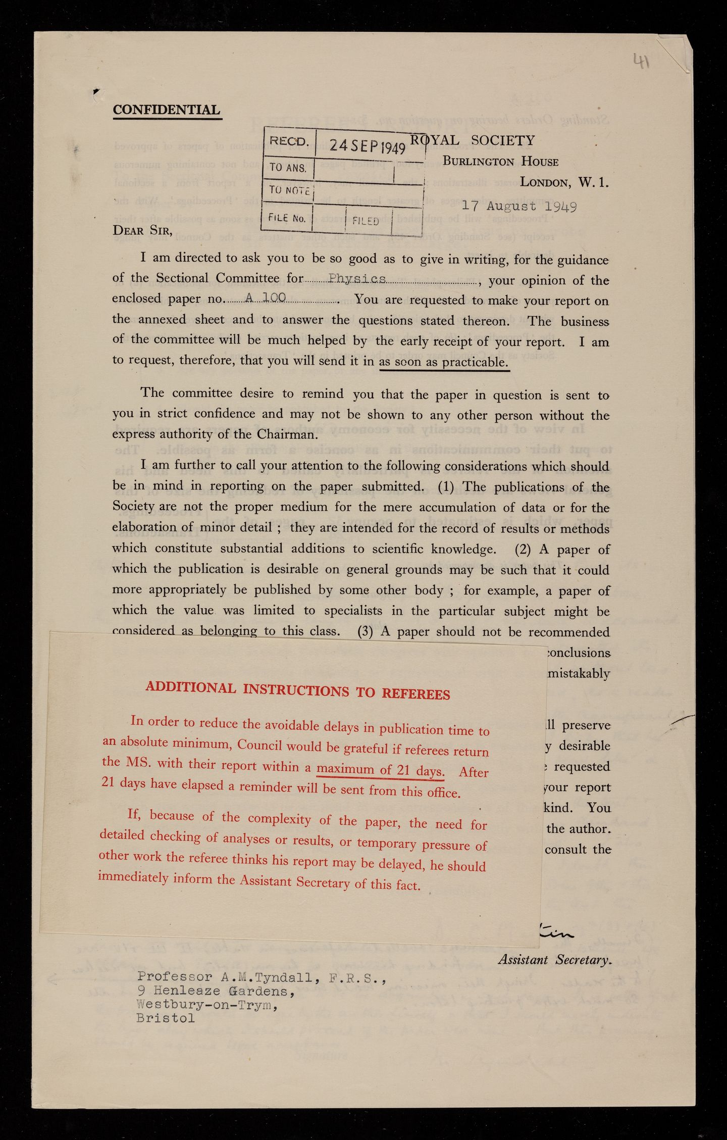 Referee's report by Arthur Mannering Tyndall, on a paper 'The ...