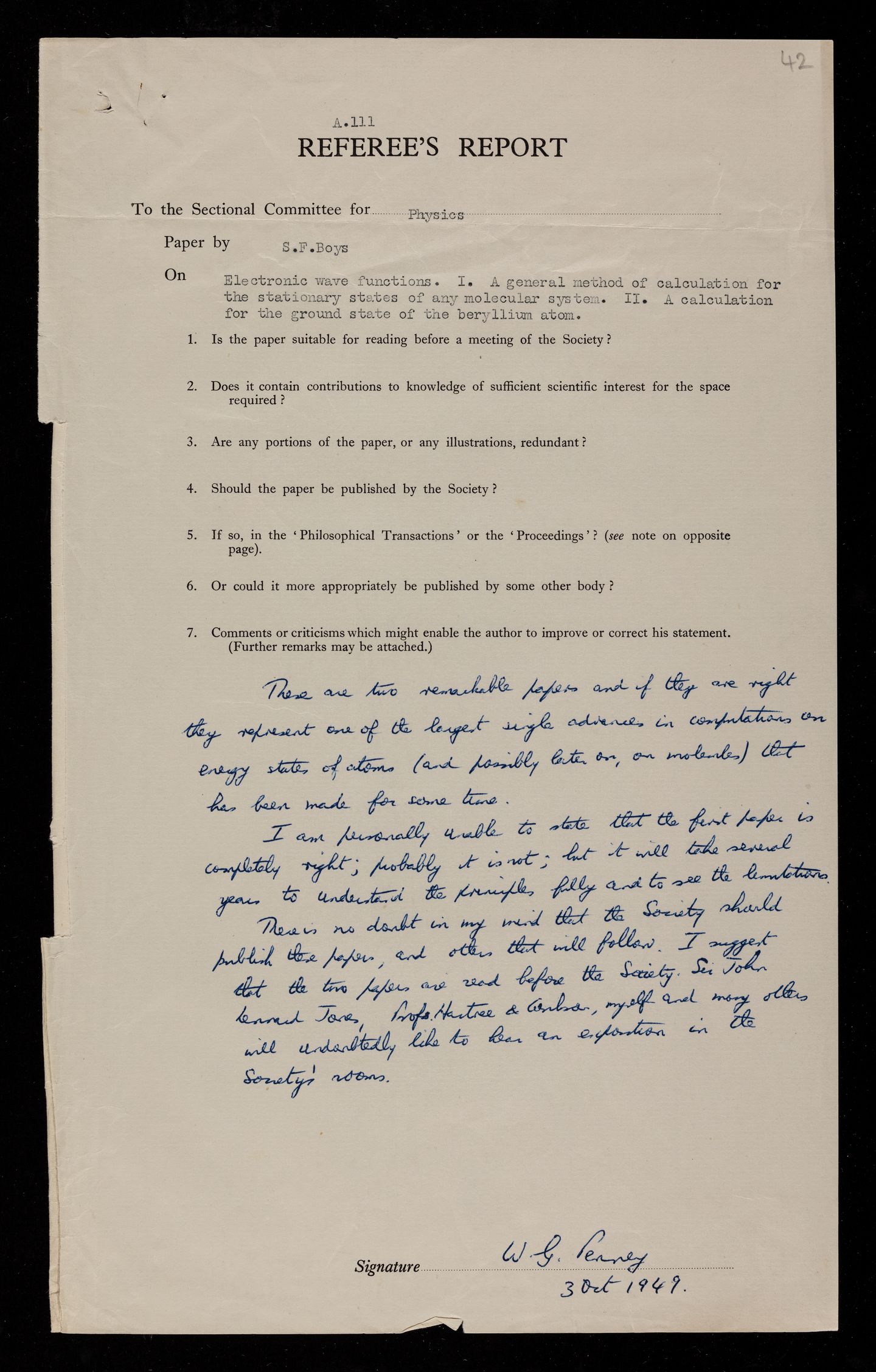 Referee's report by William George Penney, on two papers 'Electronic ...