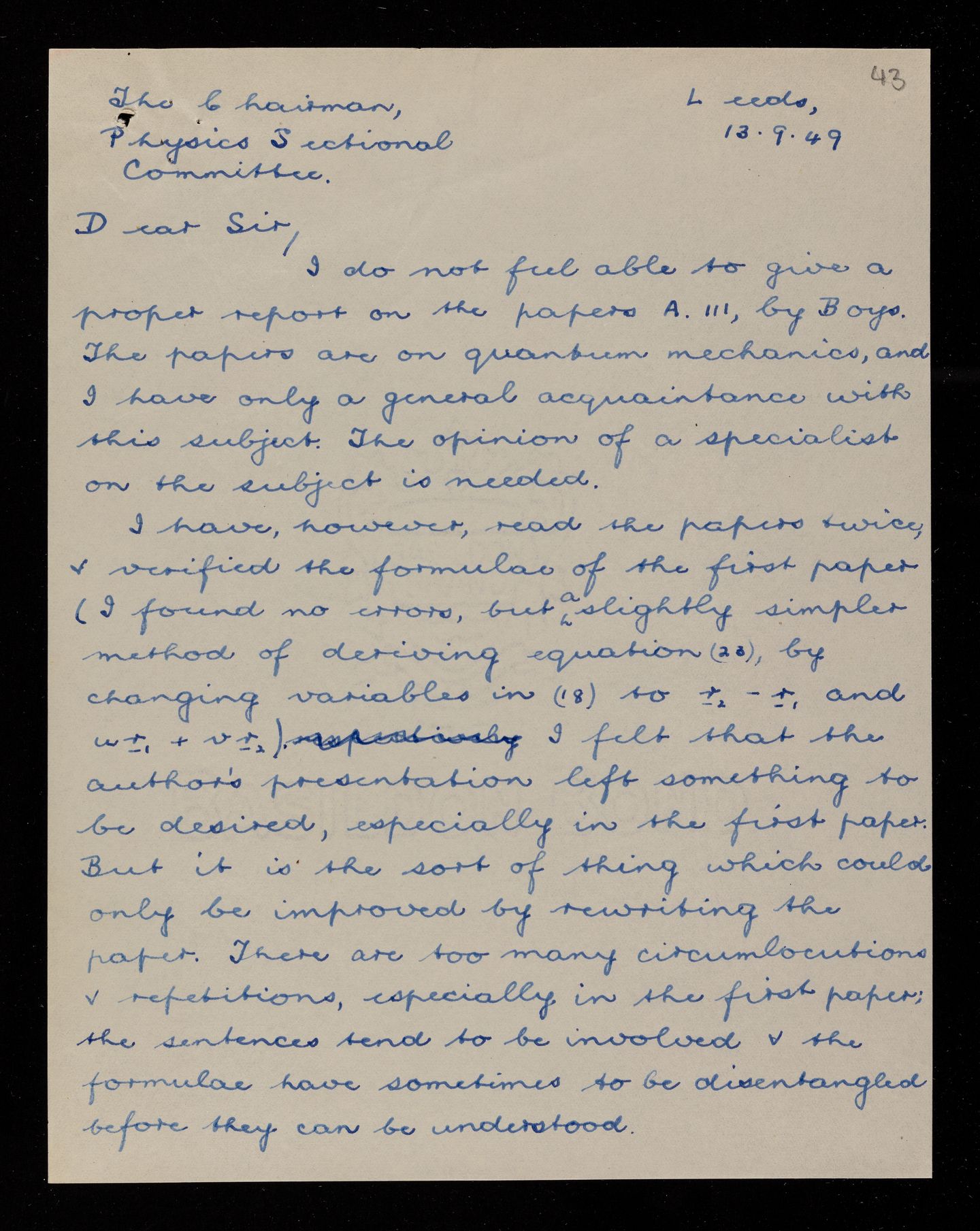 Letter from Thomas George Cowling, on two papers 'Electronic wave ...