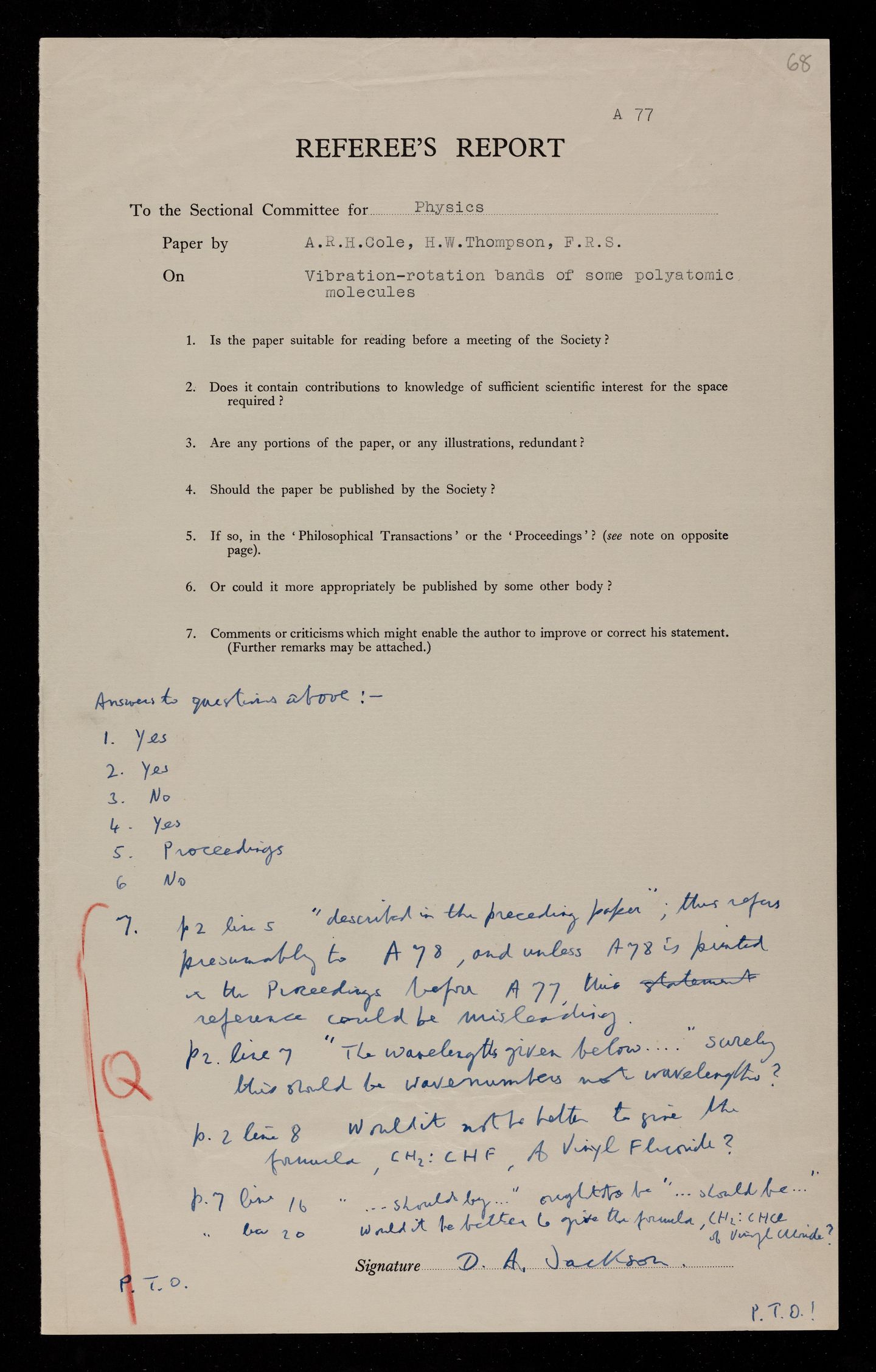 Referee's report by Derek Ainslie Jackson, on a paper 'Vibration-rotation bands of some ...