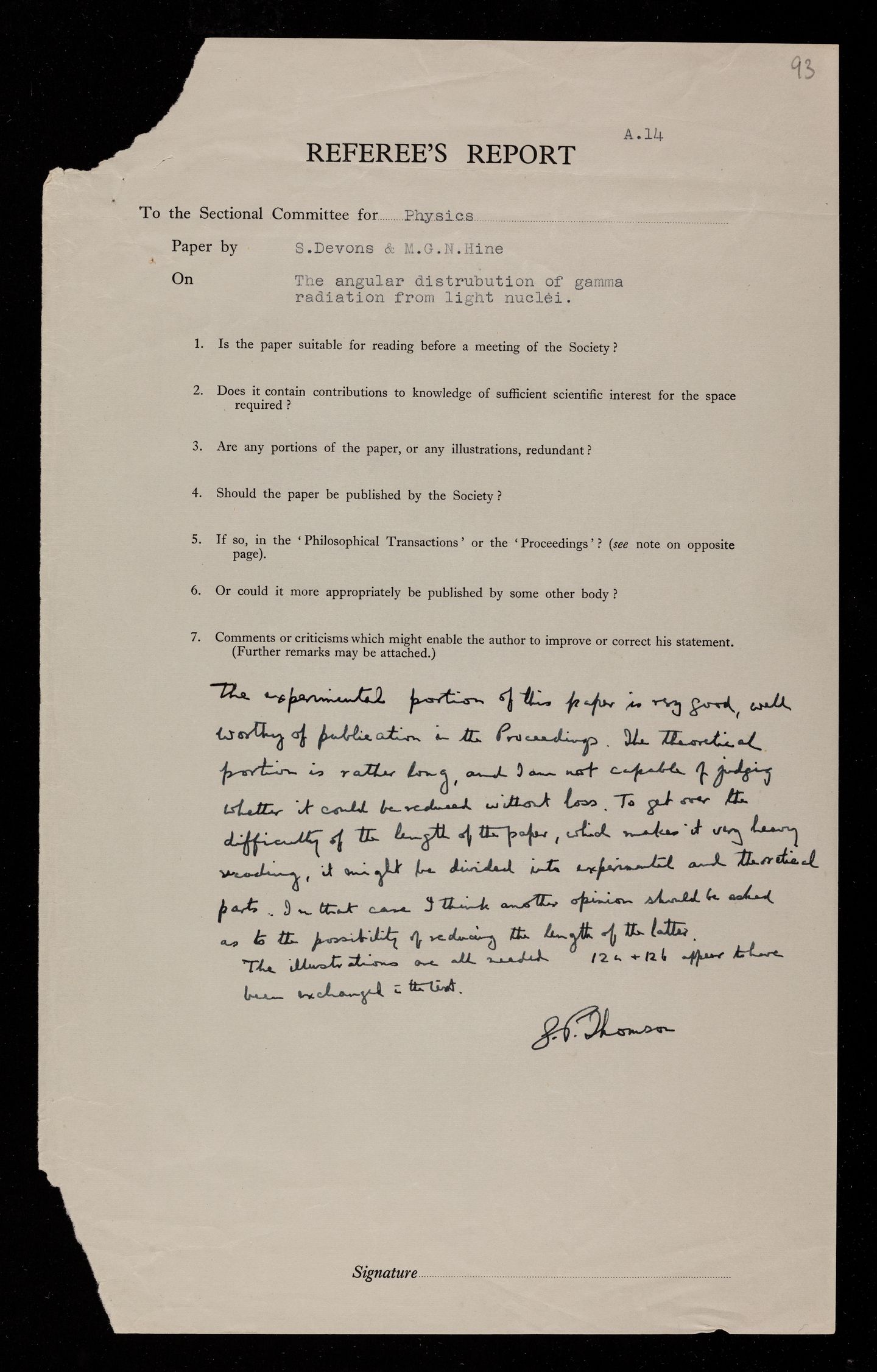 Referee's report by George Paget Thomson, on two papers 'The angular ...