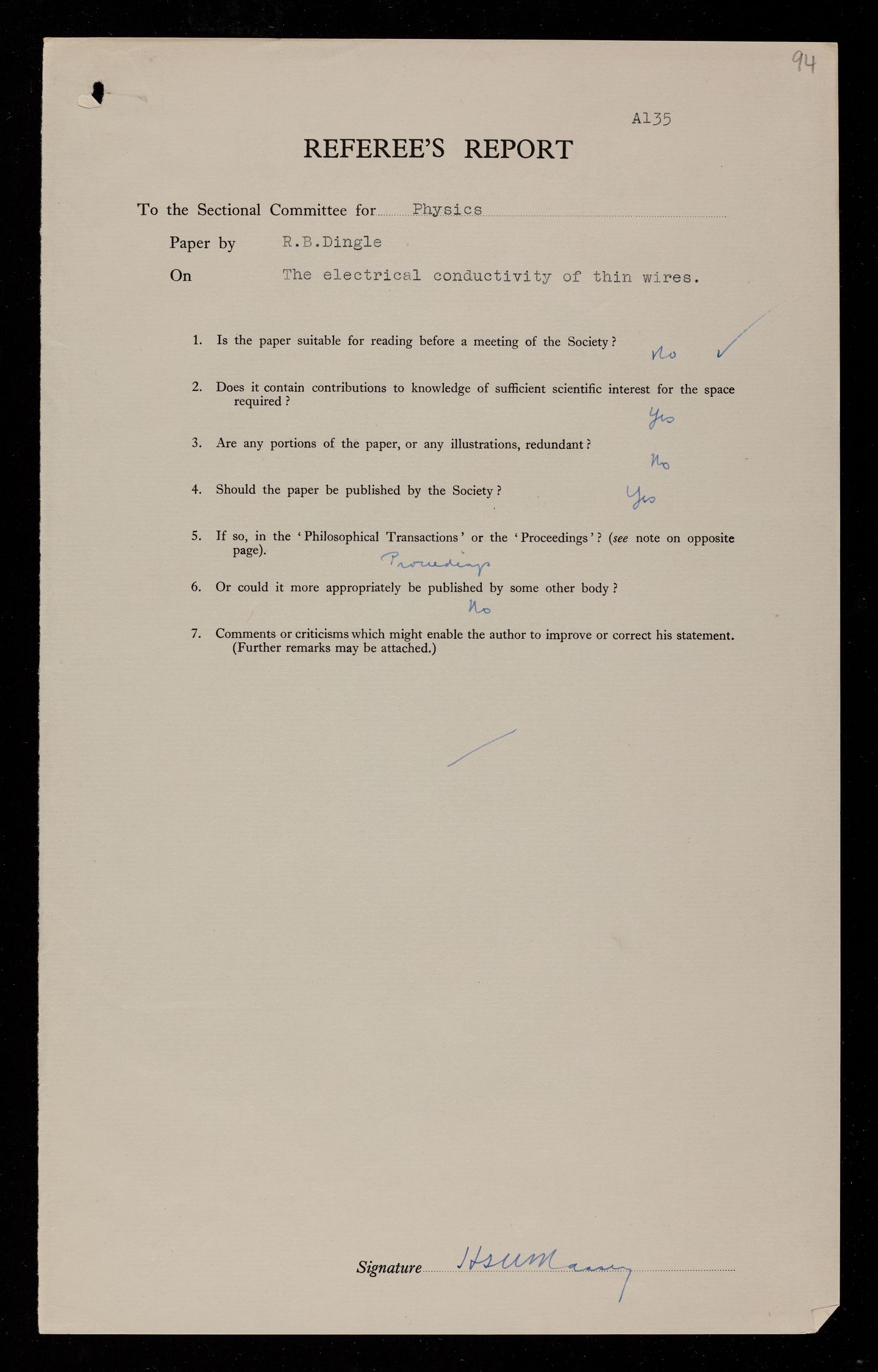 Referee's report by Harrie Stewart Wilson Massey, on a paper 'The ...