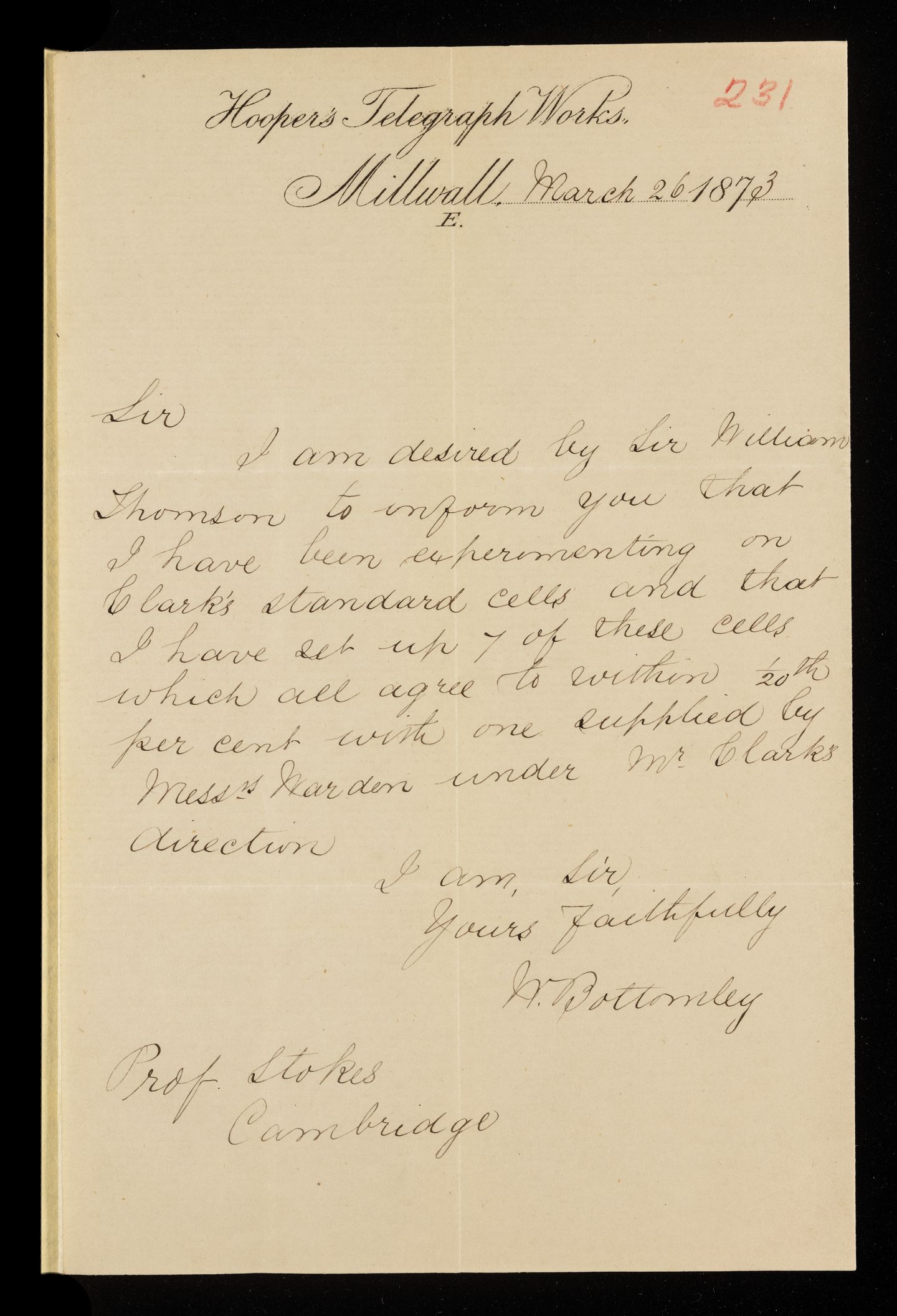 Letter from James Thomson Bottomley, on a paper 'On a standard voltaic ...
