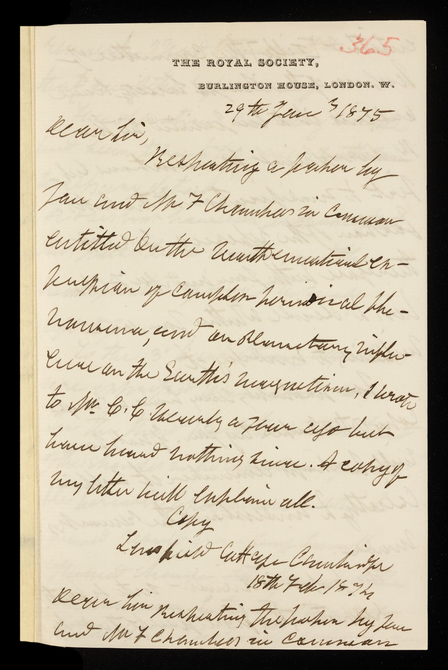 Letter from Charles Chambers, on his paper 'The absolute direction and ...