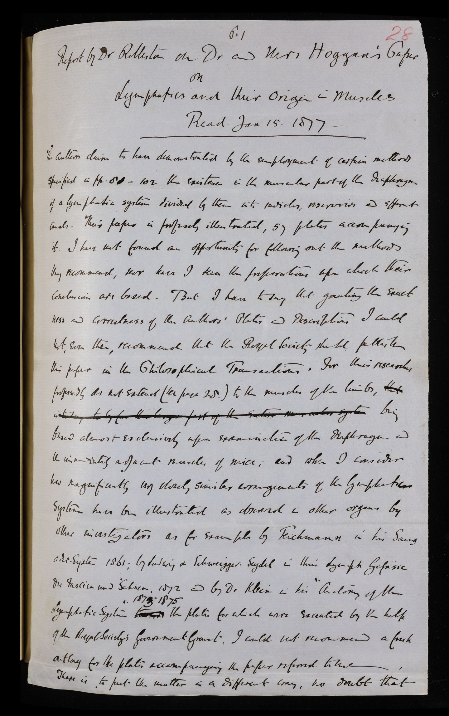 Referee's report by George Rolleston, on two papers 'Lymphatics and ...