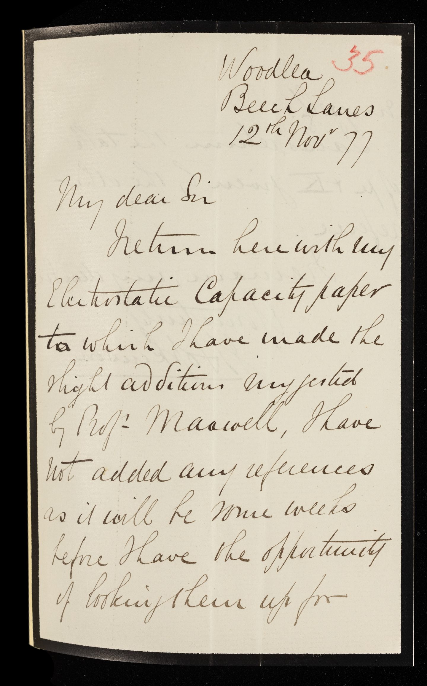 Letter from John Hopkinson, regarding a paper 'Electrostatic capacity ...