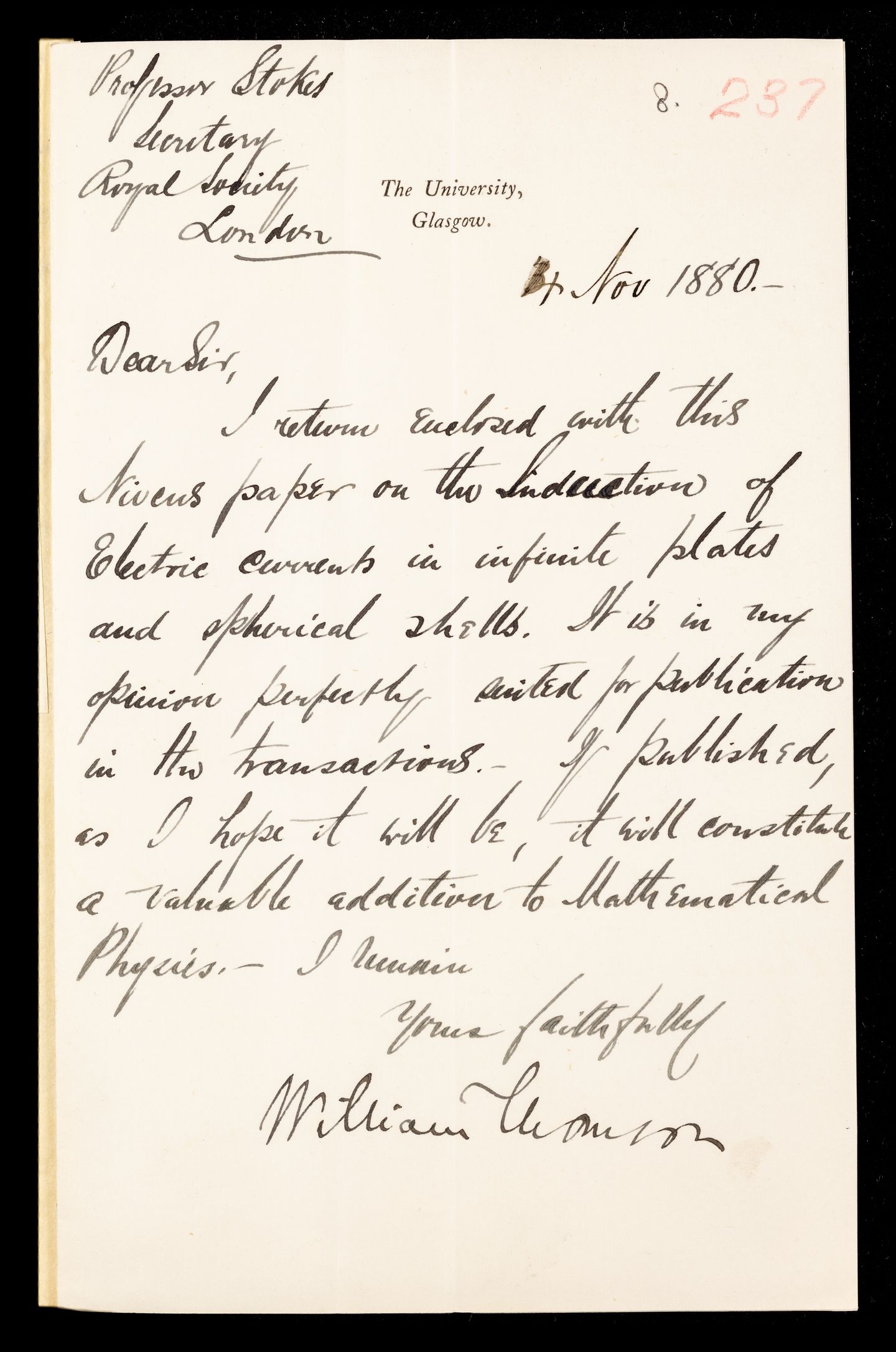 Referee's report by William Thomson, Lord Kelvin, on a paper 'On the ...