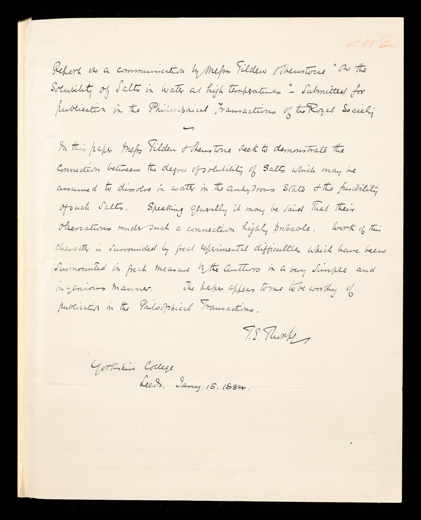 Referee's report by Thomas Edward Thorpe, on a paper 'On the solubility ...