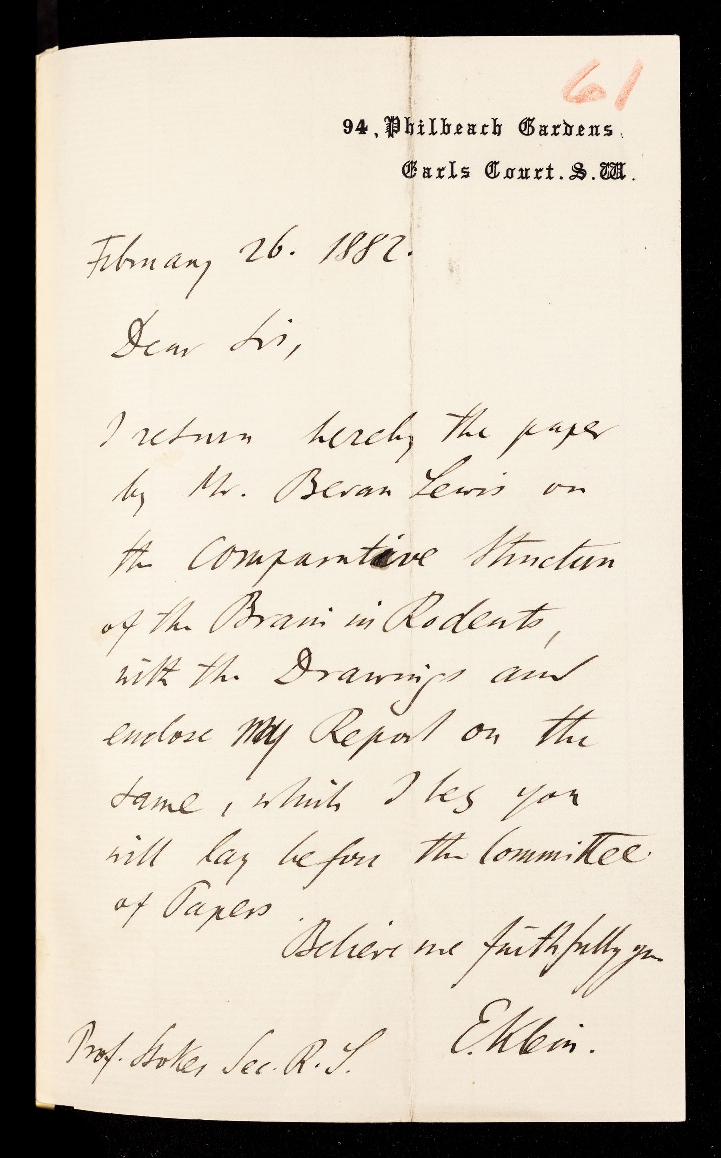 Letter from Edward Emanuel Klein, on a paper 'On the comparative ...