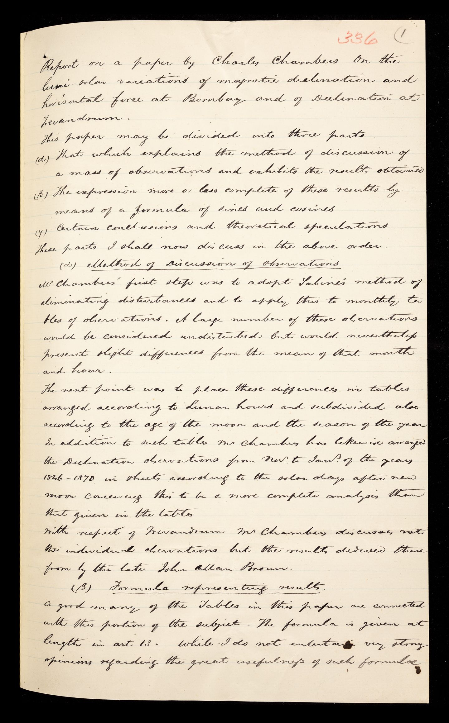 Re-written referee's report by Balfour Stewart, on a paper 'On the luni ...