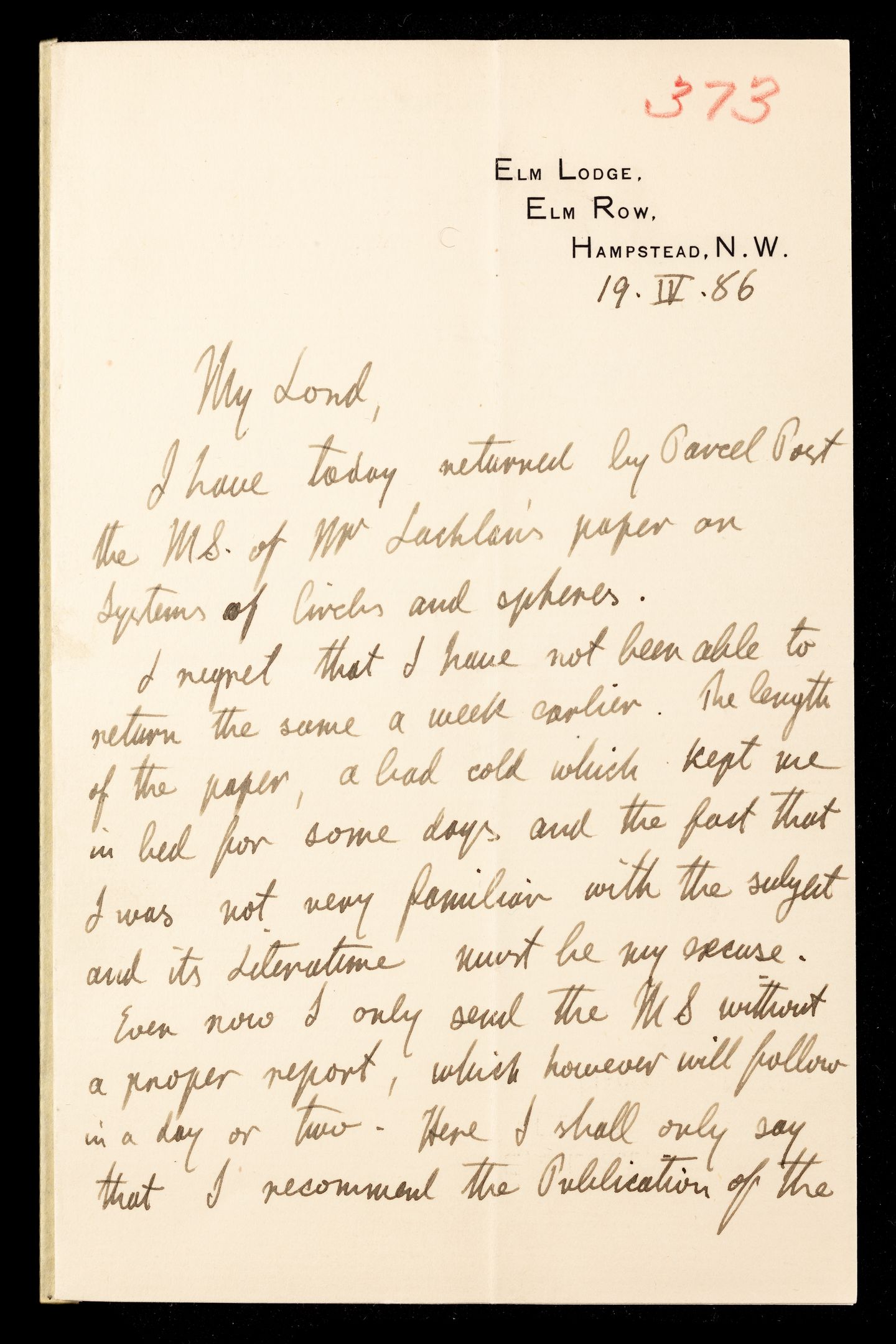Letter from Olaus Magnus Friedrich Erdmann Henrici, on a paper 'On ...
