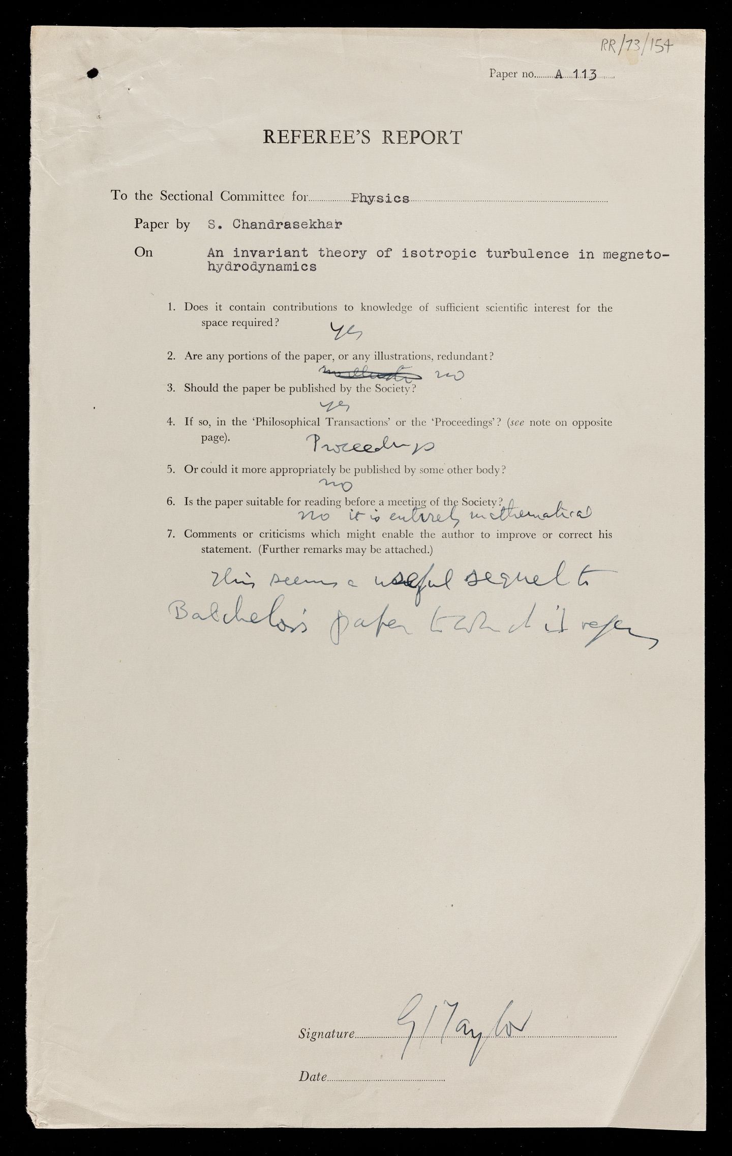 Referee's report by Geoffrey Ingram Taylor, on a paper 'An invariant ...