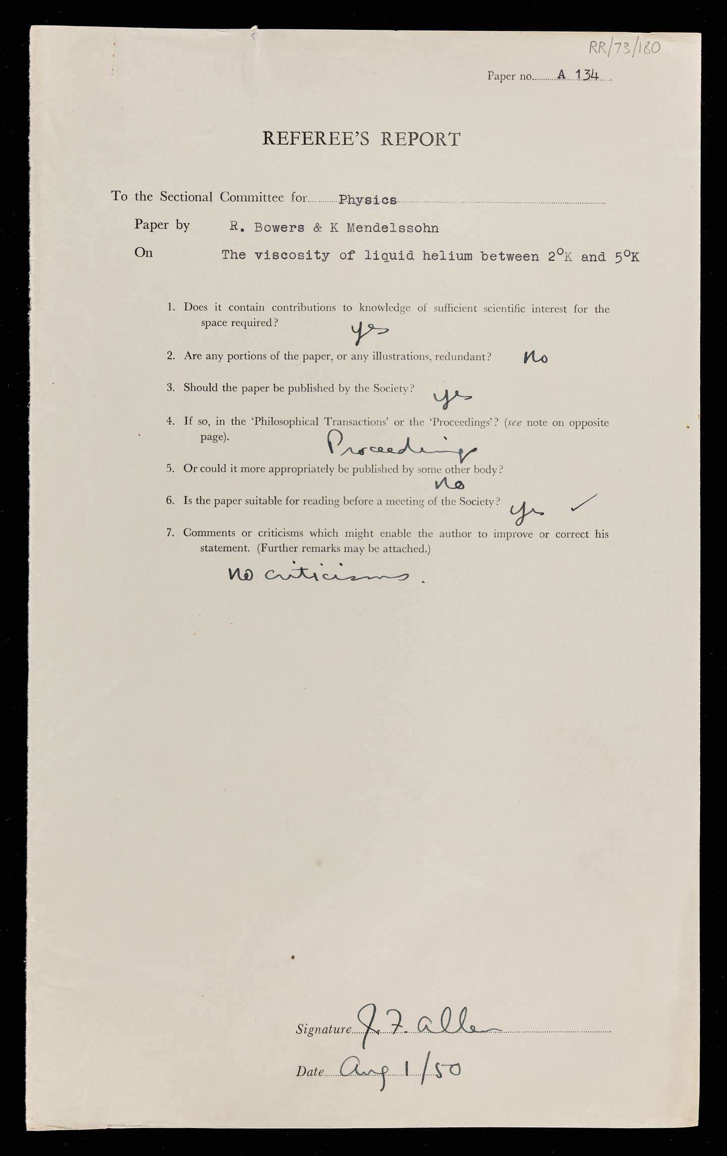 Referee's report by John Frank Allen, on a paper 'The viscosity of liquid helium between 2°K and ...