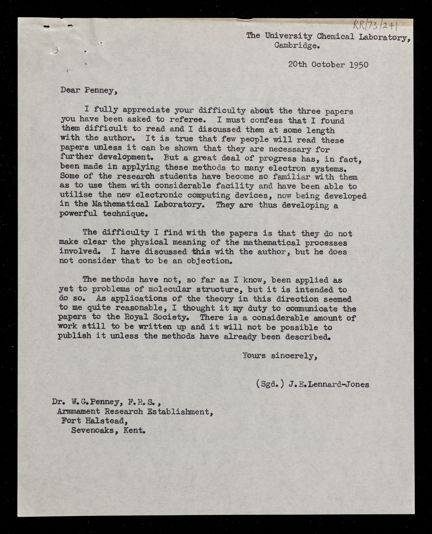 Letter from John Edward Lennard-Jones, on three papers 'Electronic wave ...