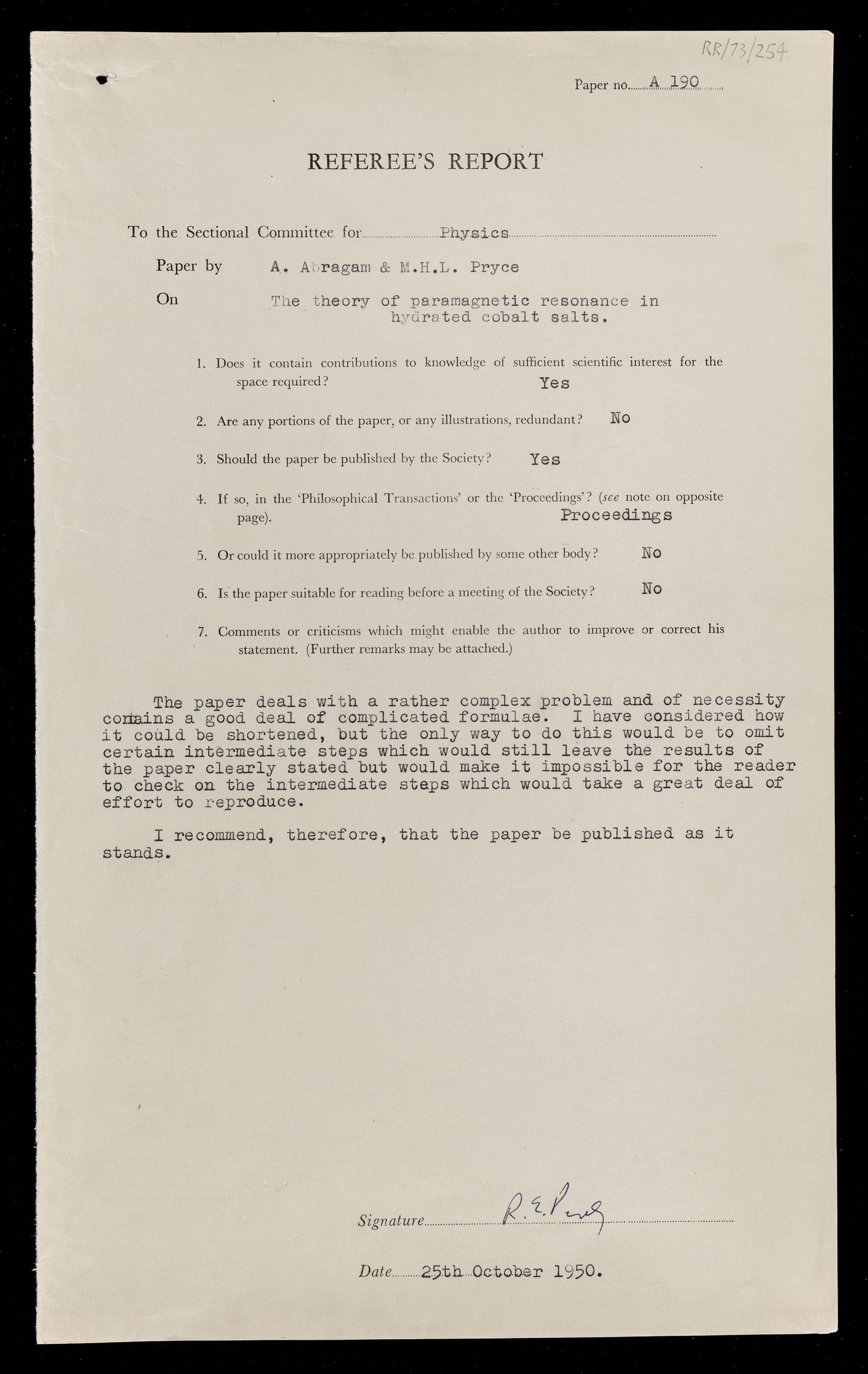Referee's report by Rudolf Ernst Peierls, on a paper 'The theory of ...
