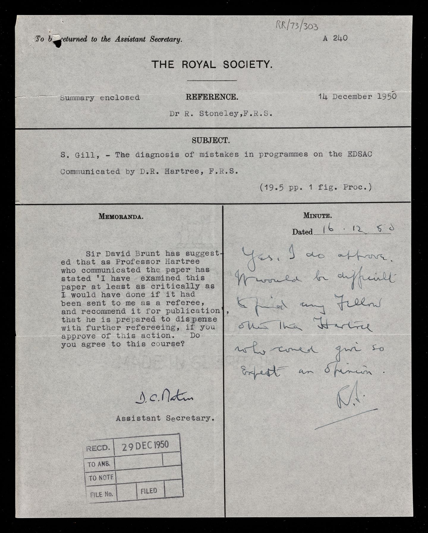 Memorandum from D C Martin, on a paper 'The diagnosis of mistakes in ...