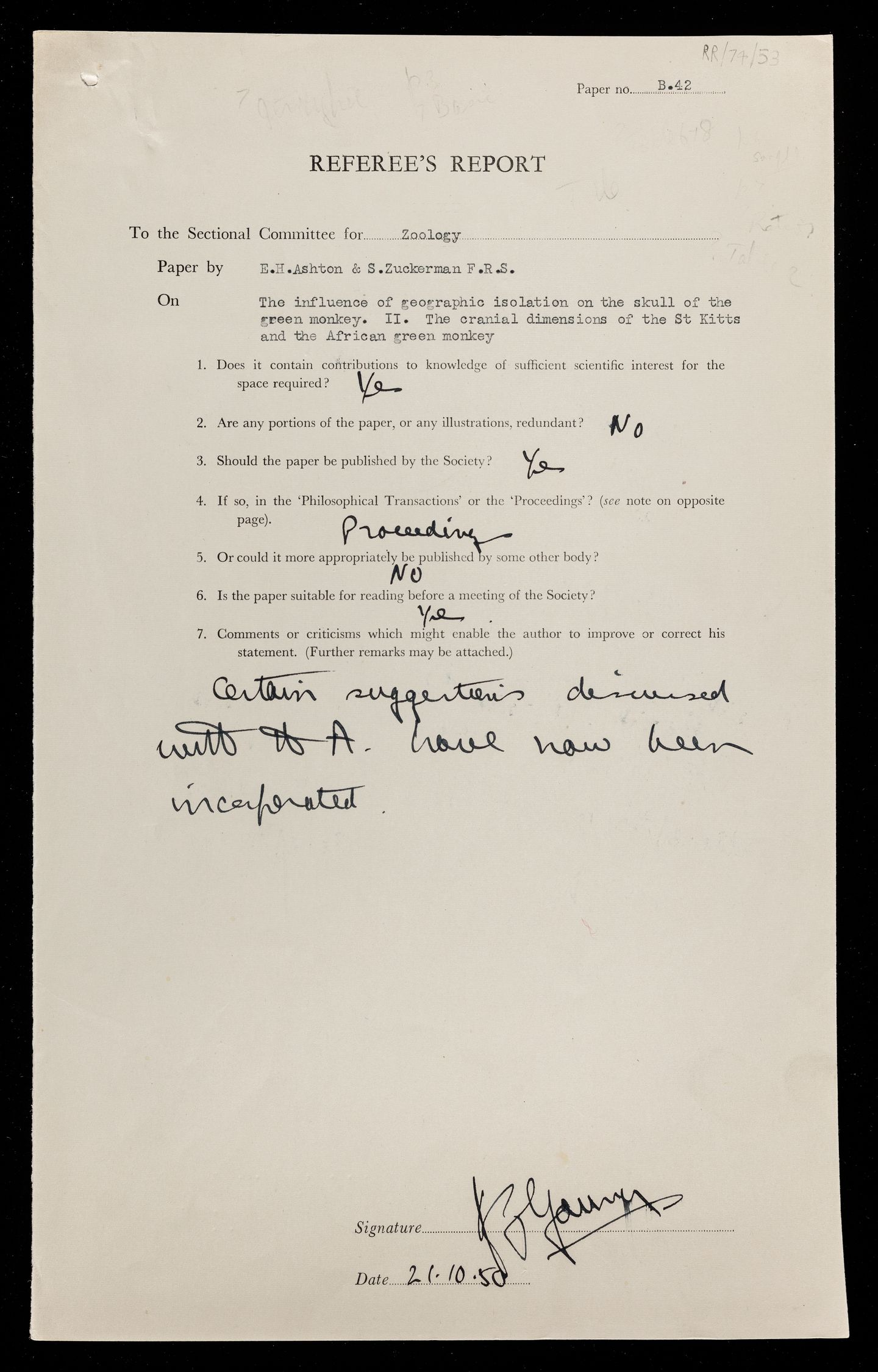 Referee's report by John Zachary Young, on a paper 'The influence of ...