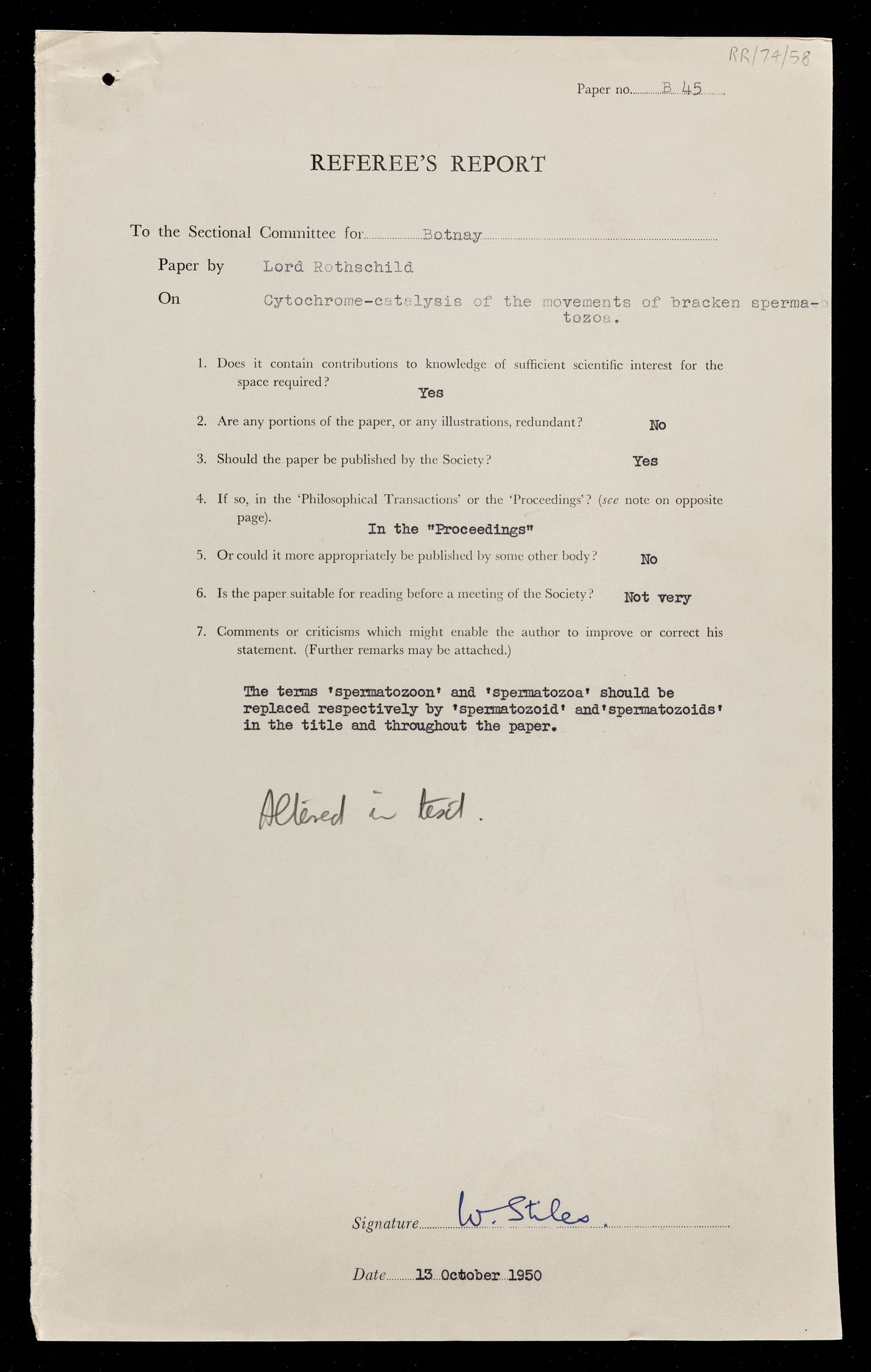 Referee's report by Walter Stiles, on a paper 'Cytochrome-catalysis of ...