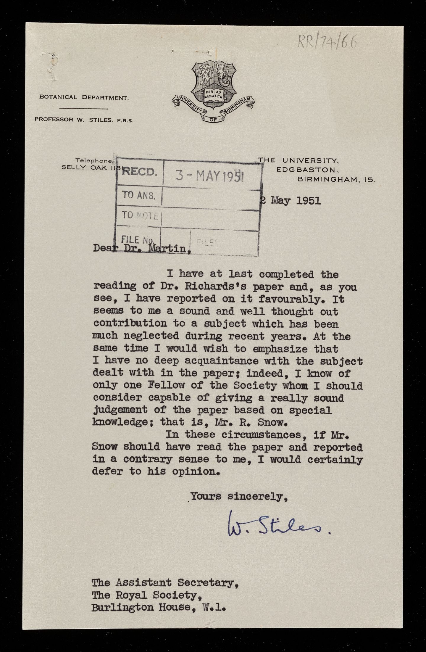 Letter from Walter Stiles, on a paper 'Phyllotaxis: its quantitative ...