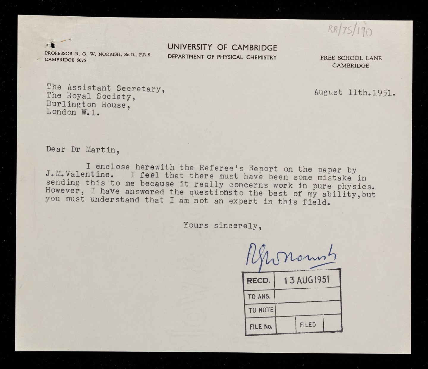 Letter from Ronald George Wreyford Norrish, on a paper 'Energy per-ion ...