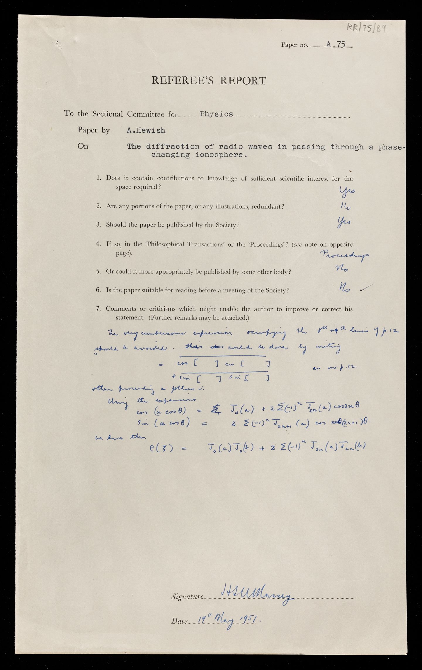 Referee's report by Harrie Stewart Wilson Massey, on a paper 'The ...