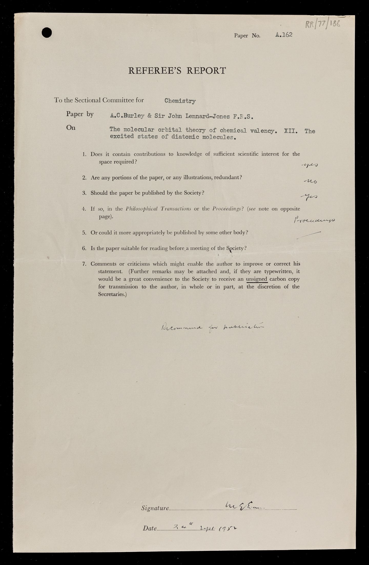 Referee's report by Meredith Gwynne Evans, on a paper 'The molecular orbital theory of chemical ...