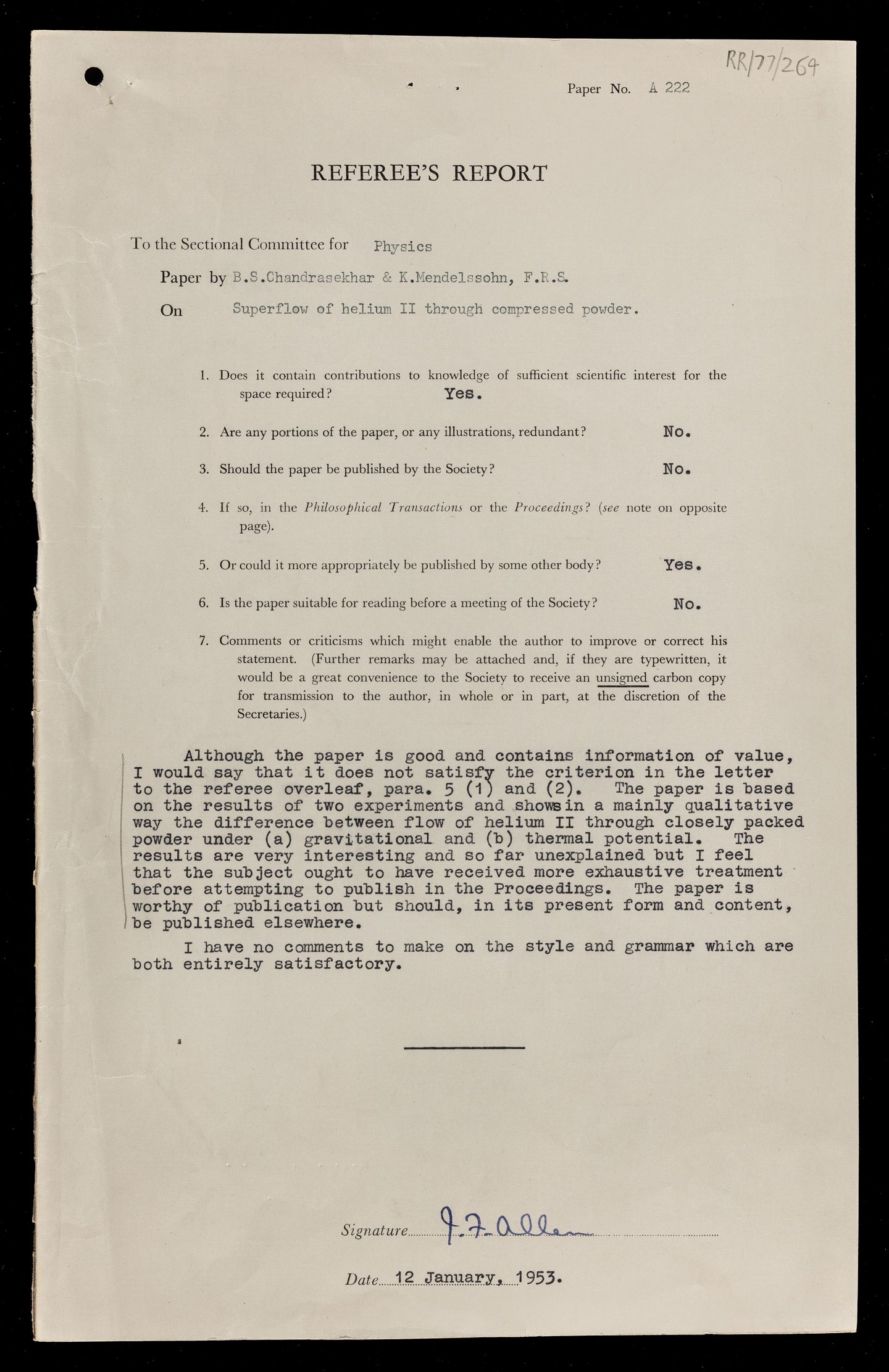 Referee's report by John Frank Allen, on a paper 'Superflow of helium ...