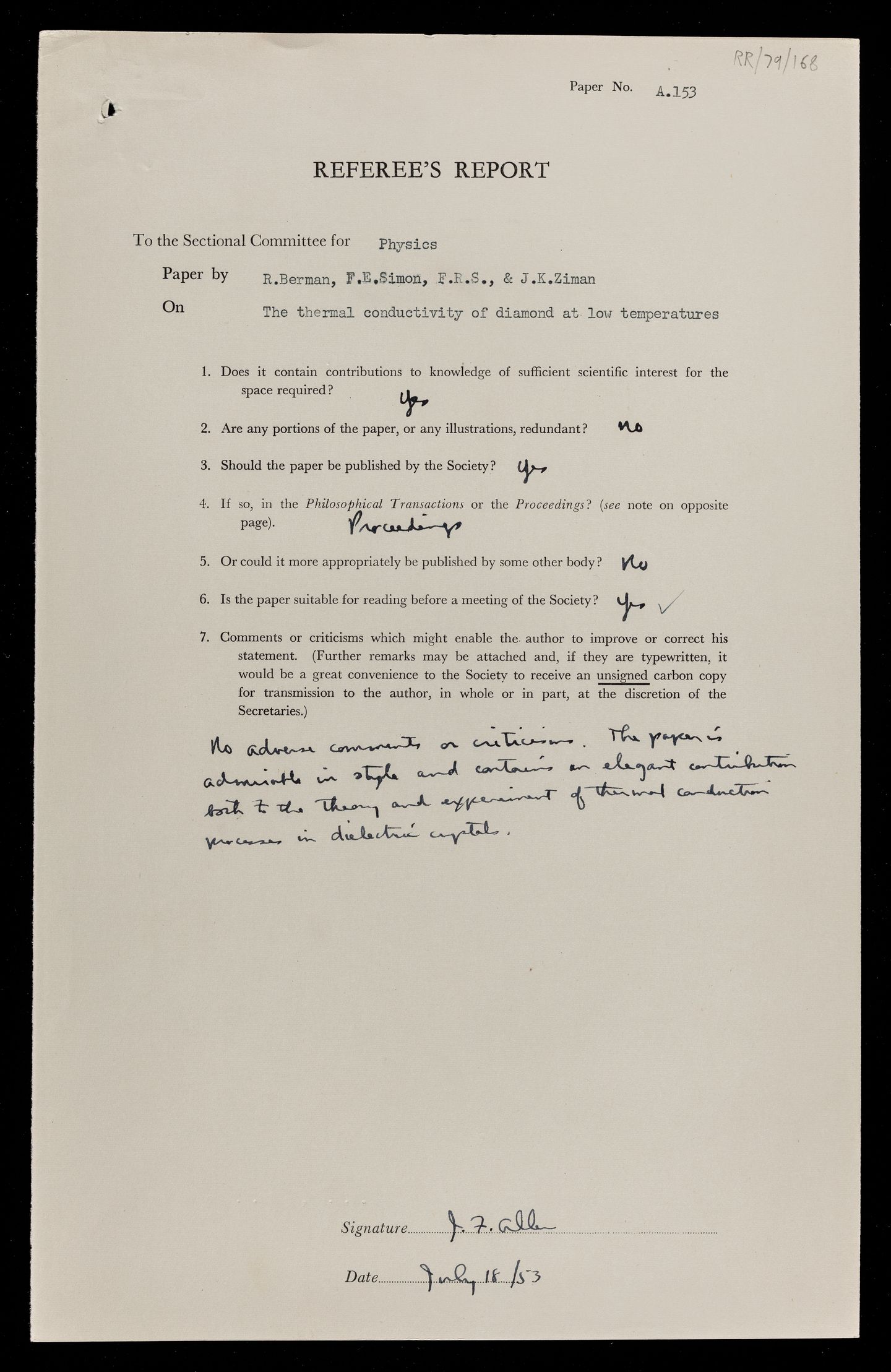Referee's report by John Frank Allen, on a paper 'The thermal ...