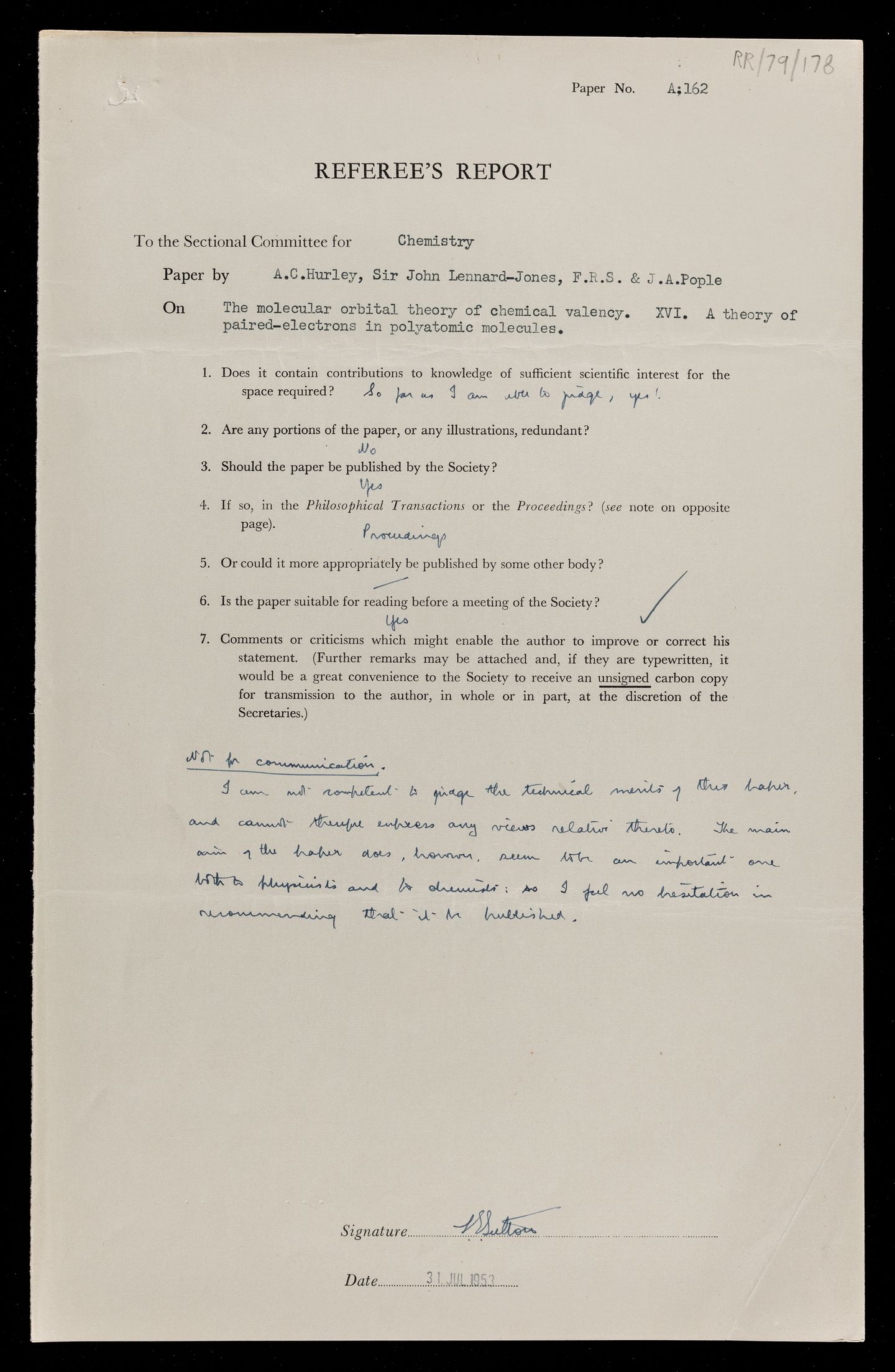 Referee's report by Leslie Ernest Sutton, on a paper 'The molecular ...
