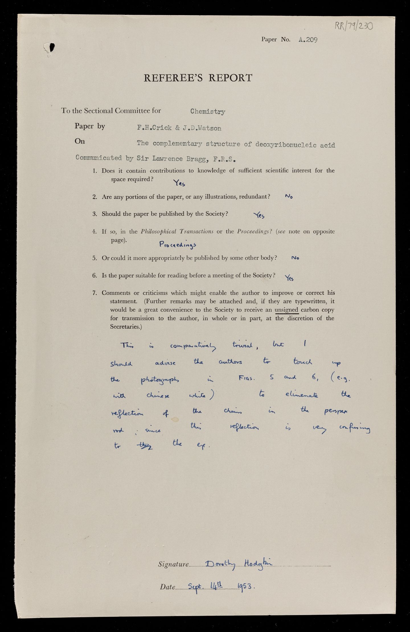 Referee's report by Dorothy Mary Crowfoot Hodgkin, on a paper 'The complementary structure of ...