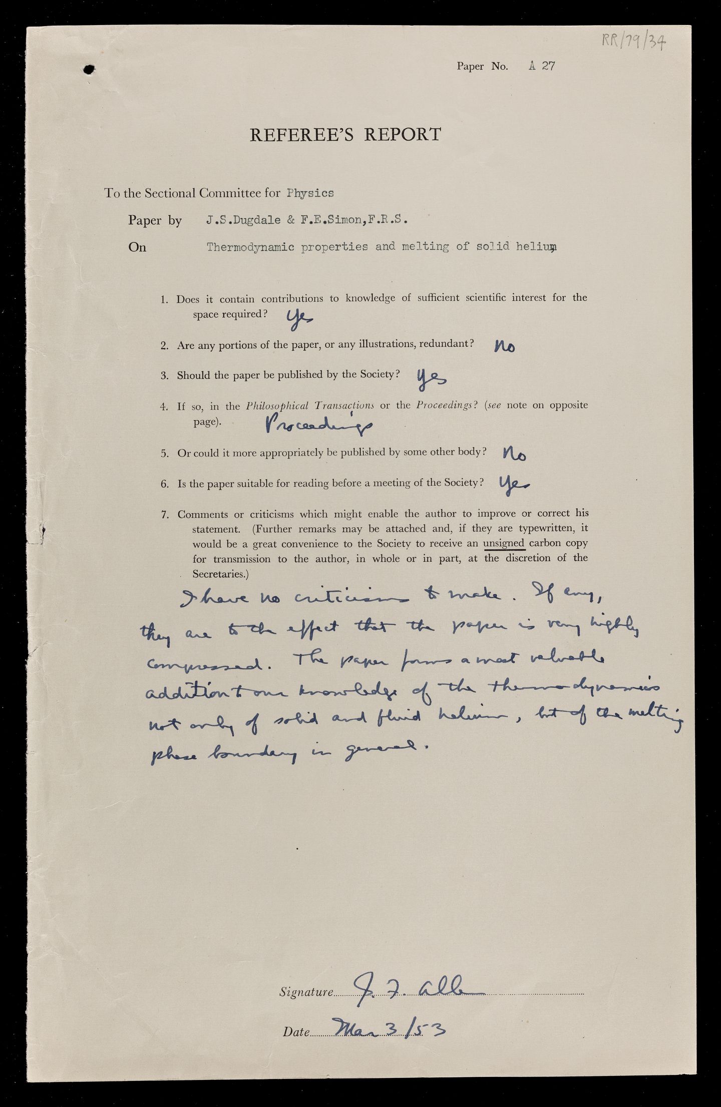Referee's report by John Frank Allen, on a paper 'Thermodynamic properties and melting of solid ...