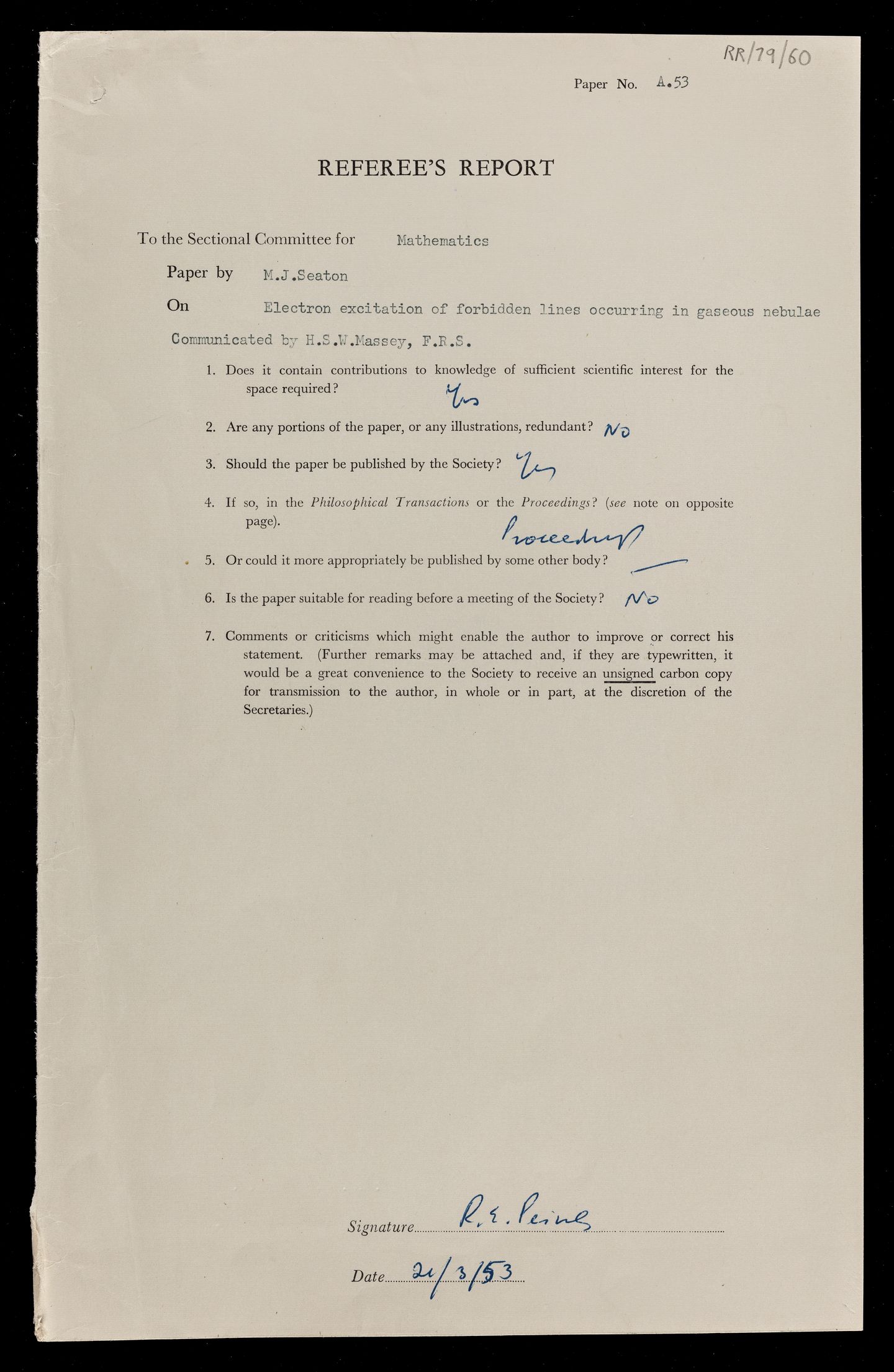 Referee's report by Rudolf Ernst Peierls, on a paper 'Electron ...